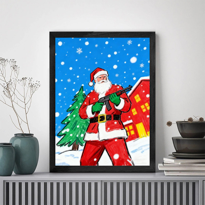 Ebern Designs Black Frame Bold Christmas Santa Claus Rifle Wall Art ...