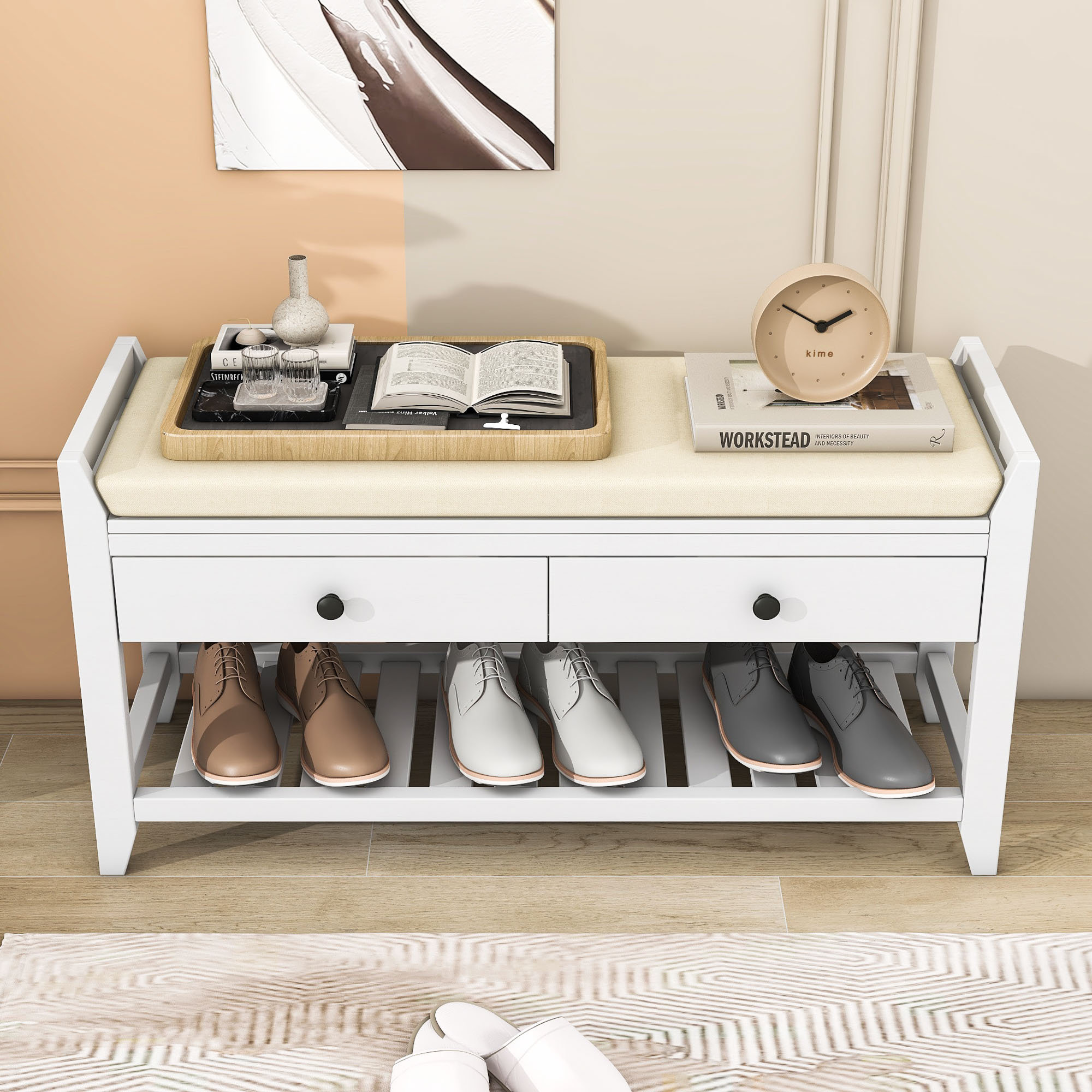 Lark Manor™ Charlanne Vintage Wooden Storage Bench with Drawers, Shelf ...