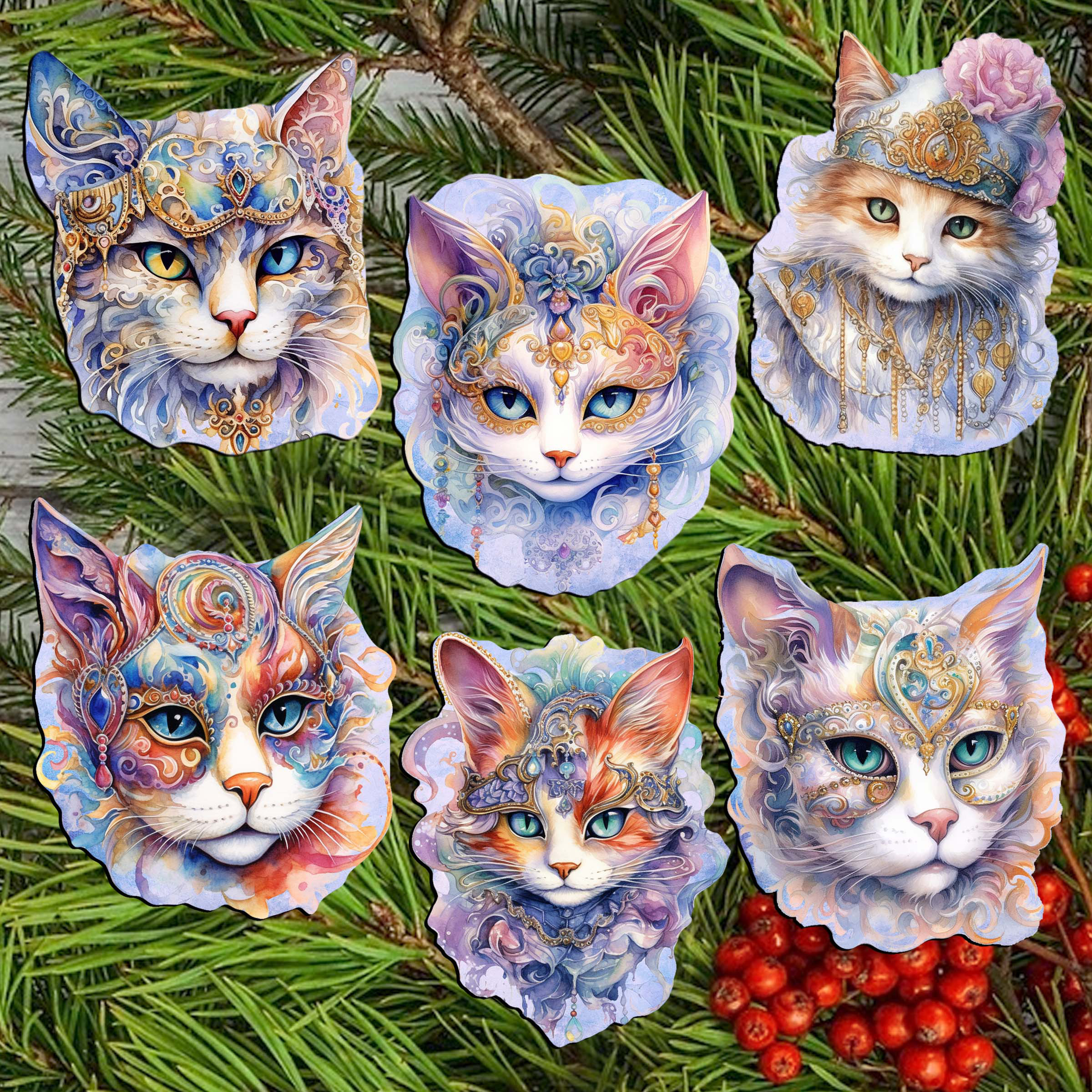 Designocracy 6 Piece Cats Masks Decorative Wooden Clip-on Ornaments by ...