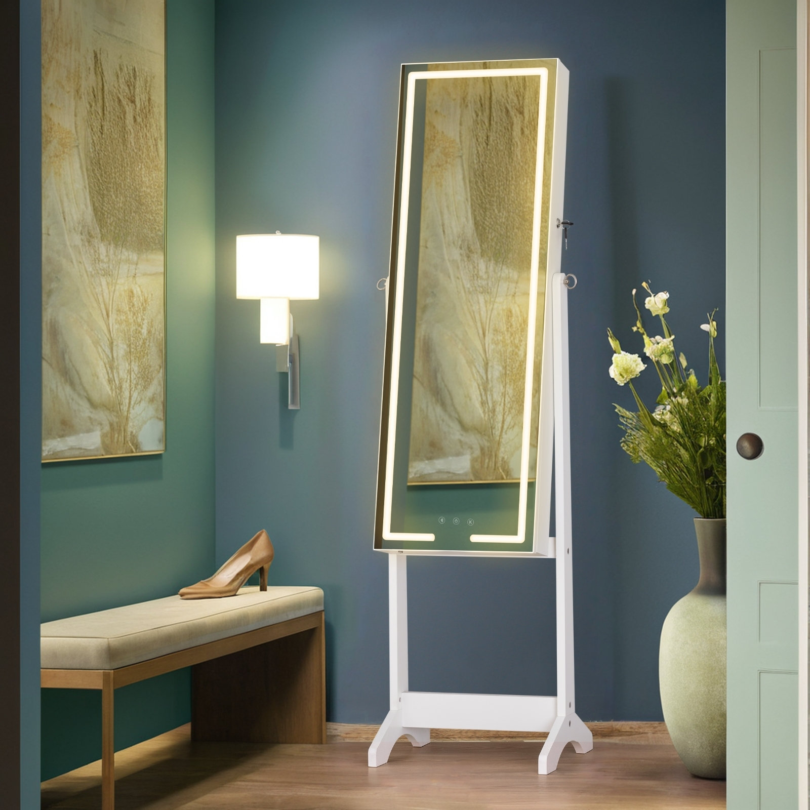 LUXFURNI LED Light Jewellery Cabinet Standing Full Screen Mirror Makeup ...