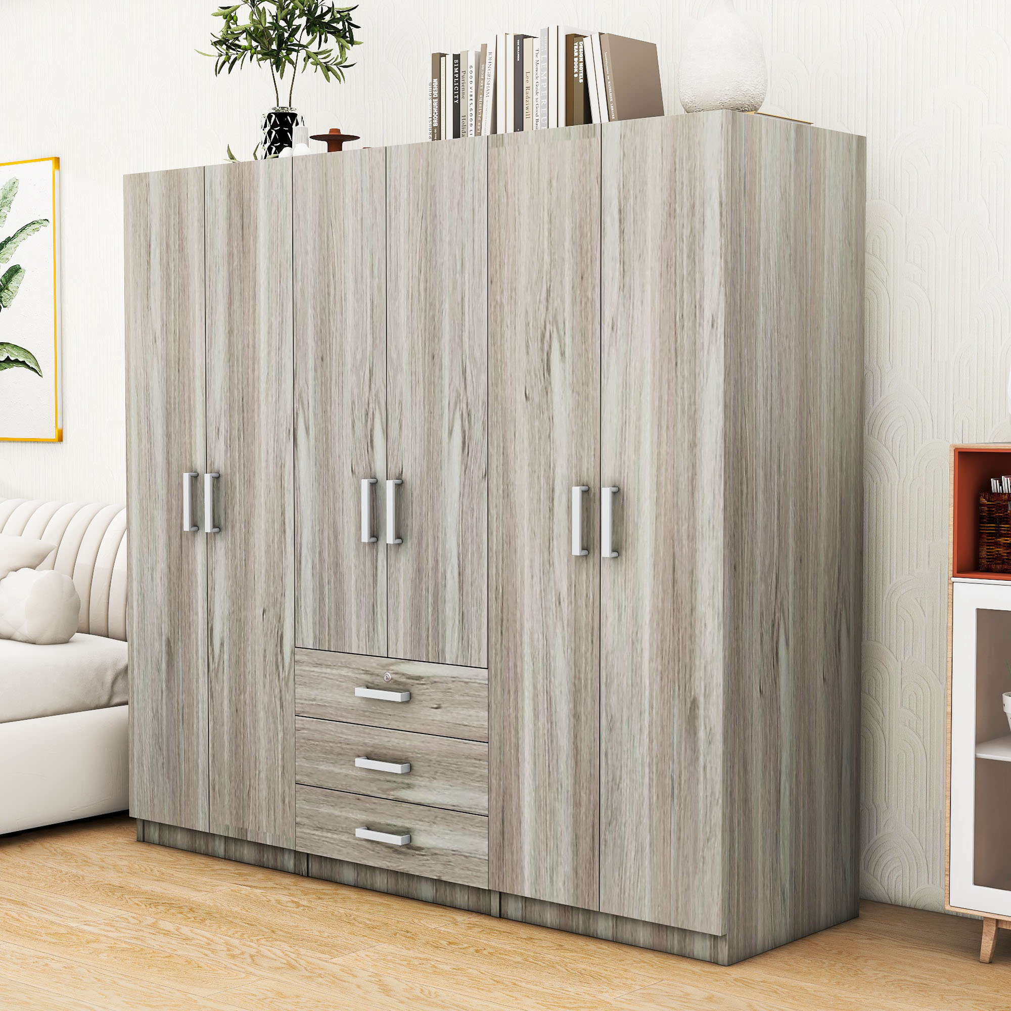 Latitude Run® Modern 6-Door Freestanding Wardrobe with Locking Drawer ...