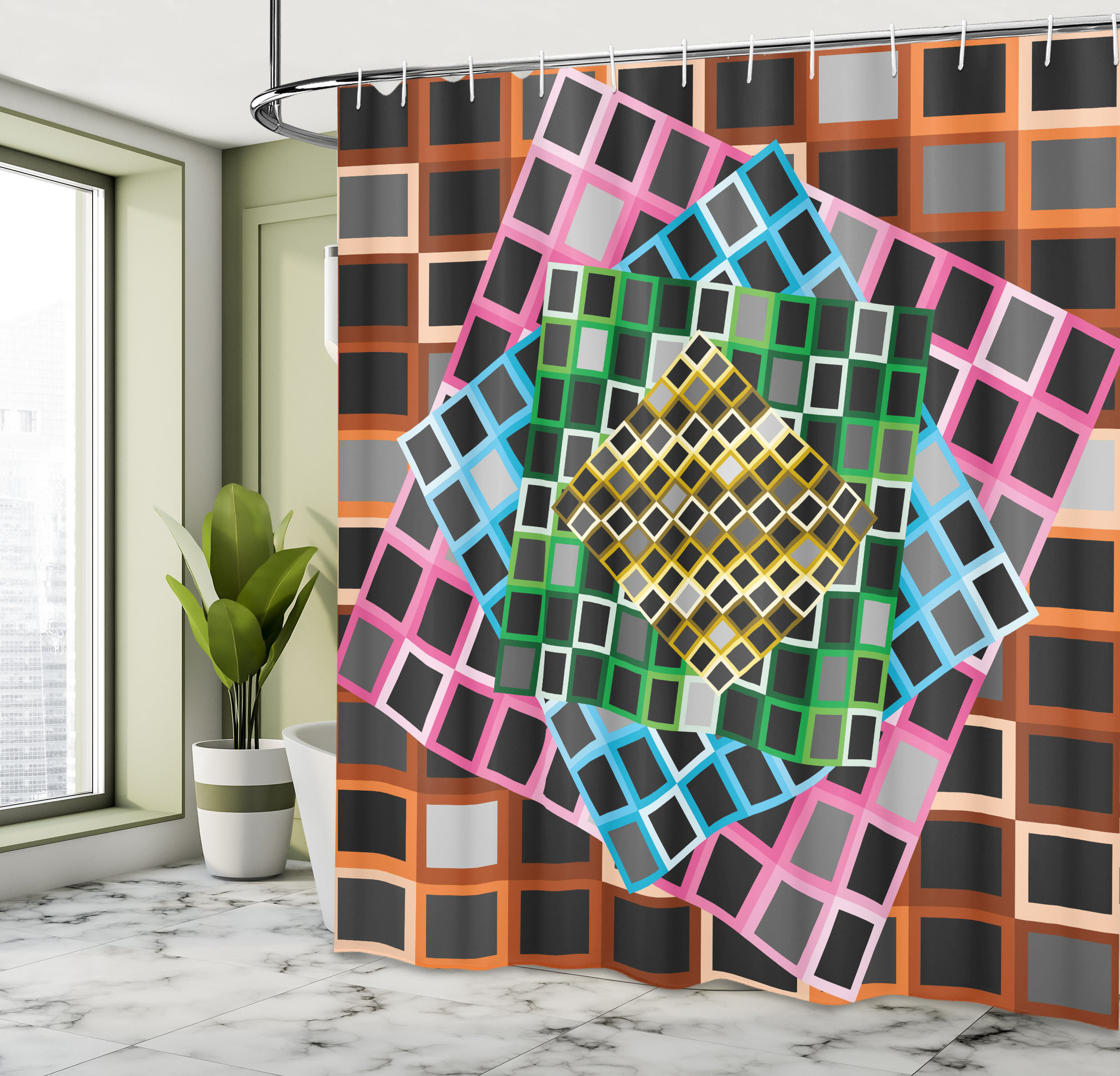 East Urban Home Ivy Bronx Geometric Shower Curtain Color Squares Frames ...