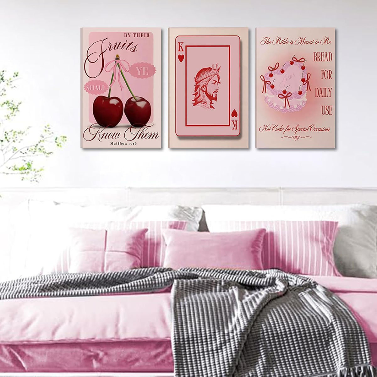 Everly Quinn 3Pcs Pink Preppy Christian Canvas Wall Art Religious ...