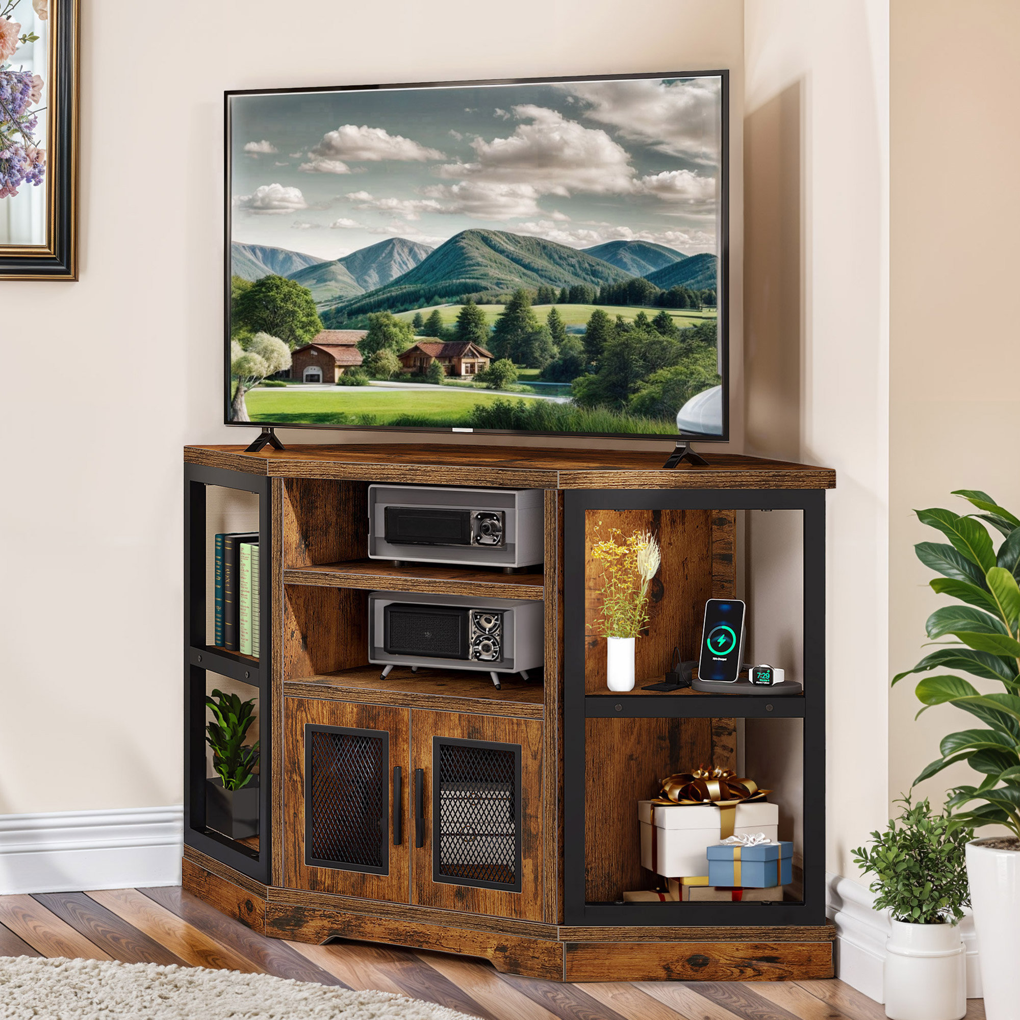 Ebern Designs Ardynn Vintage Style Corner TV Stand, Media Consoles for ...