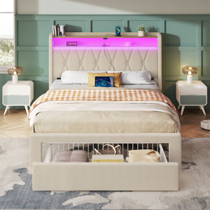 Wrought Studio™ Bed Frame with RGB LED Lights, Upholstered Bed with ...