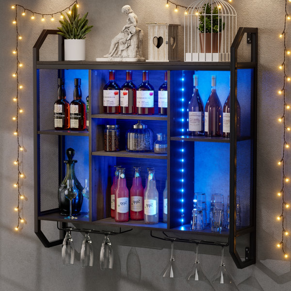 17 Stories Floating Led Lighted Bar Shelves, Wall Mounted Liquor Rack ...