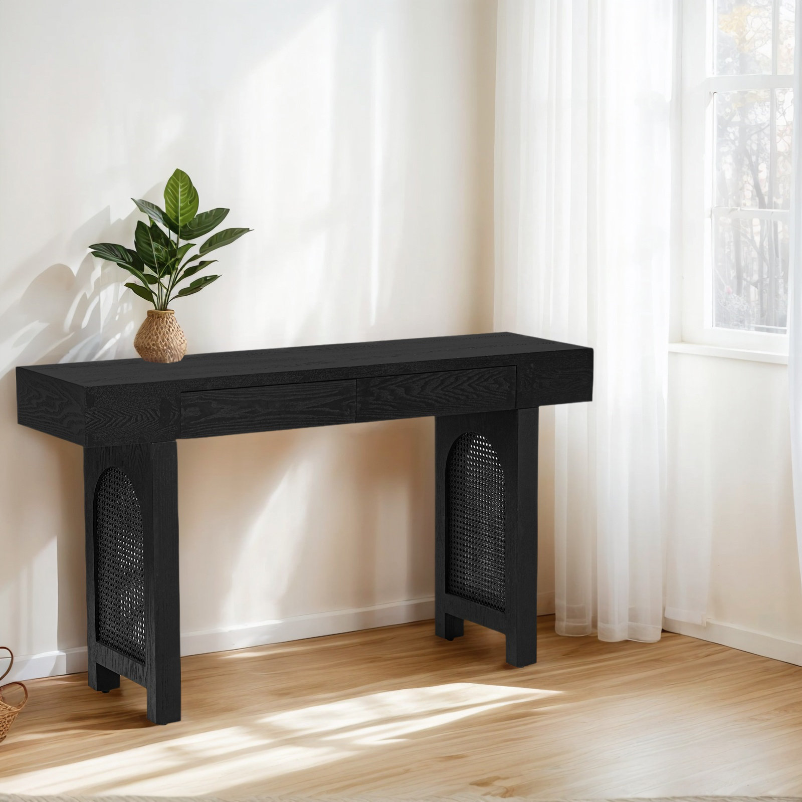 Latitude Run® Rustic Narrow Console Table With Rattan Accent &2 Drawers ...