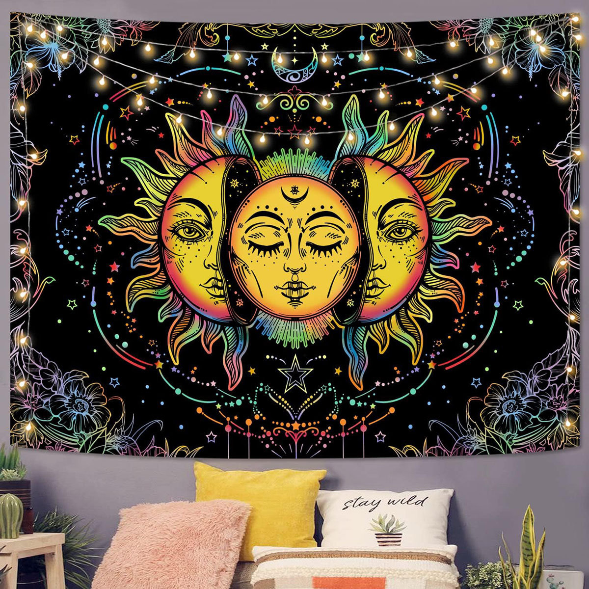 Dakota Fields Blacklight Sun And Moon Tapestry, UV Reactive Burning Sun ...