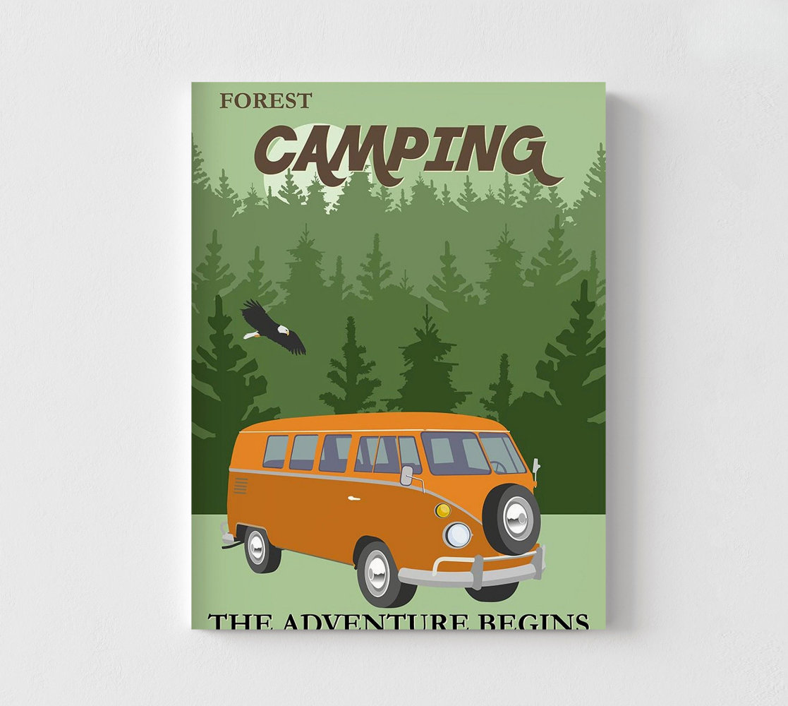 WeFrameArt Vintage Forest Camping Camper Van Poster, Hiking Lover ...