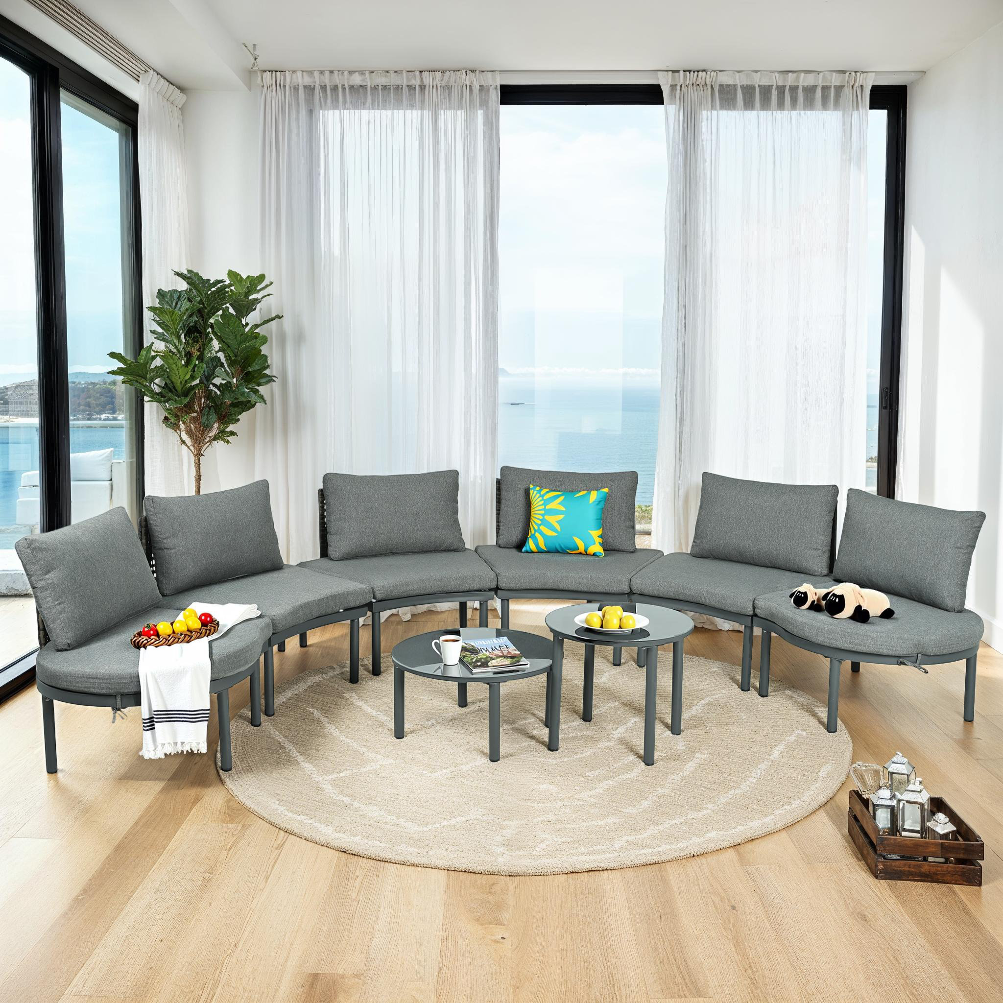 Bayou Breeze 8-Piece Half Moon Patio Sofa Set Outdoor Sectional Sofa with 2 High-Low Coffee ...