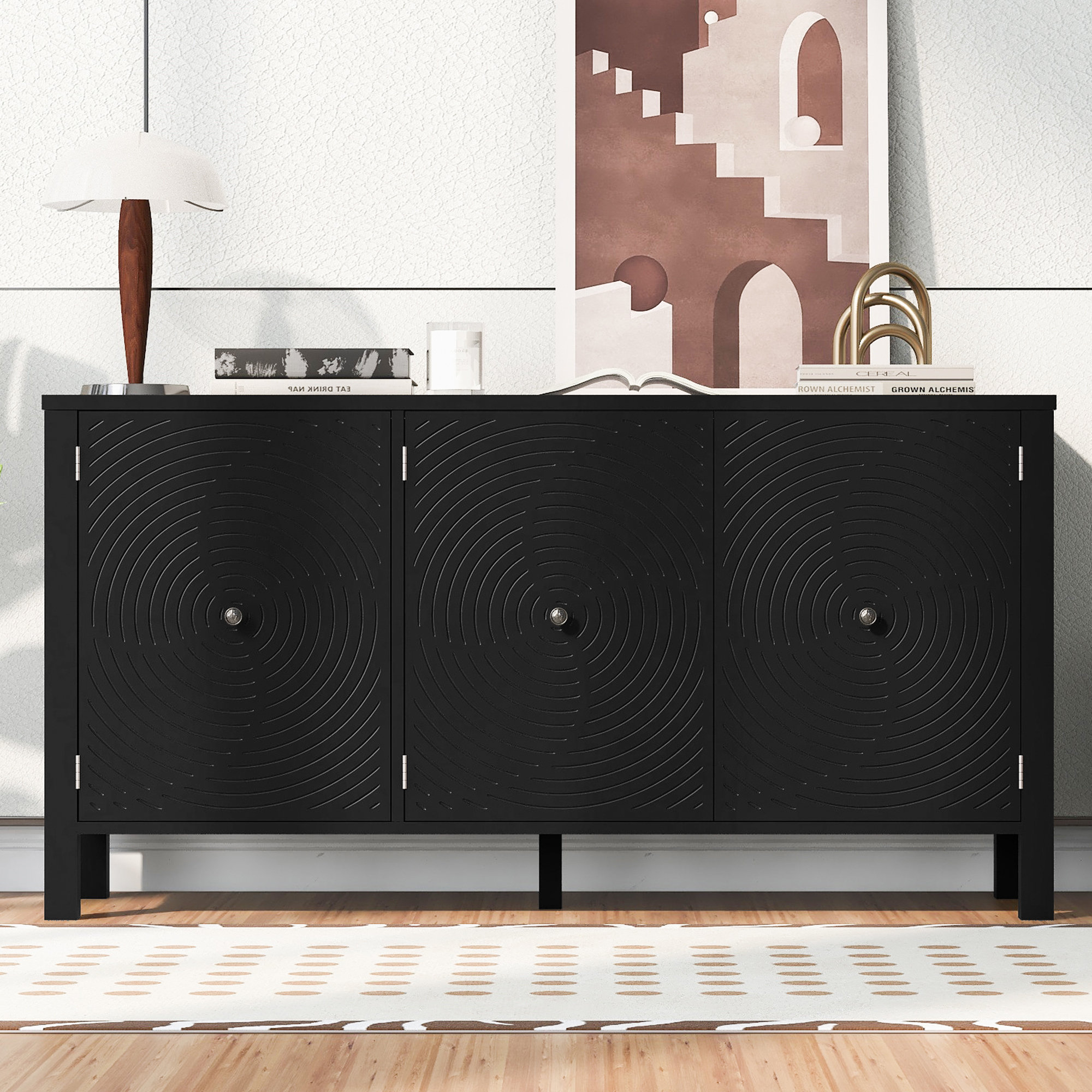 Ebern Designs Sideboard With Curved Swirl Patterned Doors And Artistic Three-Door Design ...