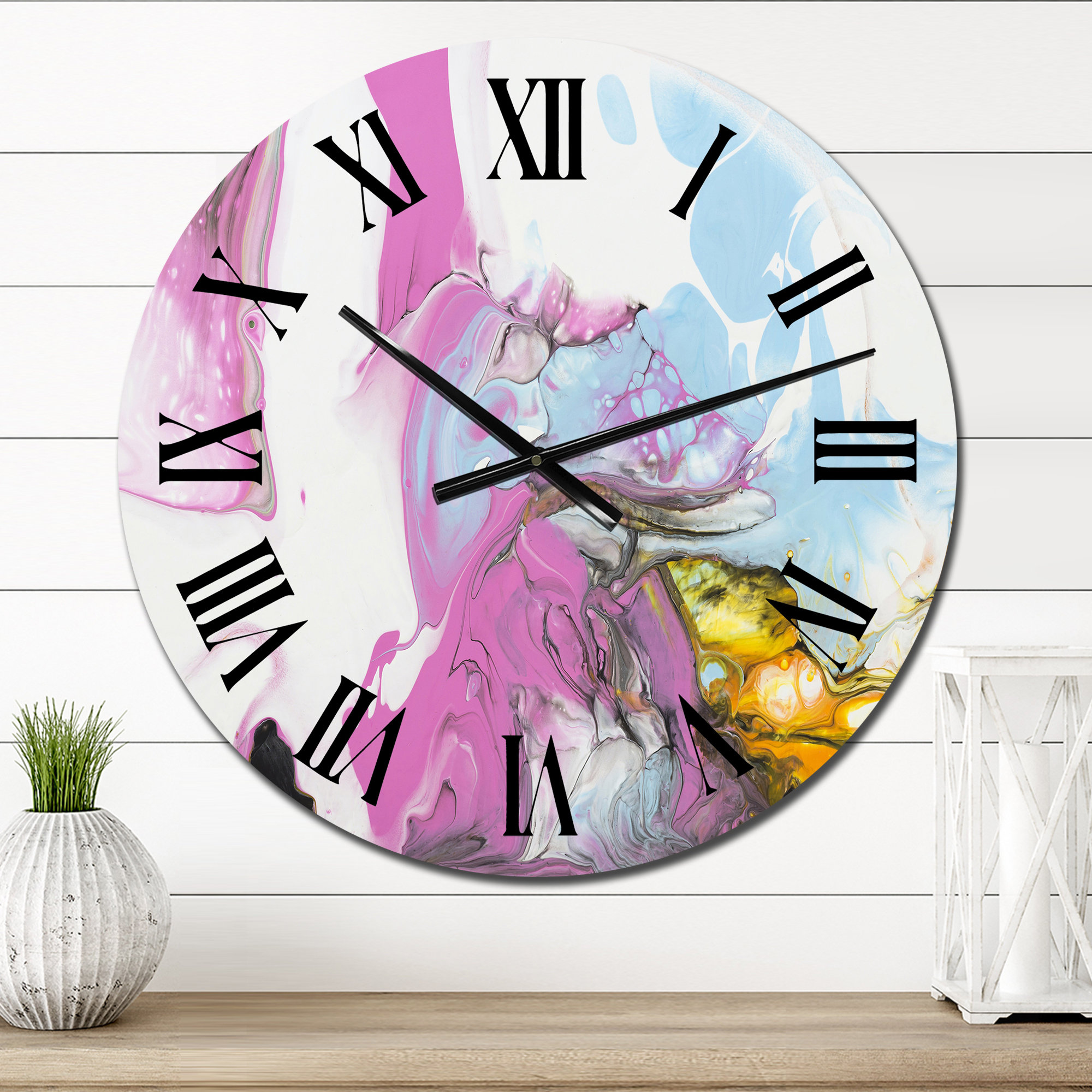 East Urban Home Pink Blue and Yellow Liquid Art I - Modern Wall Clock ...