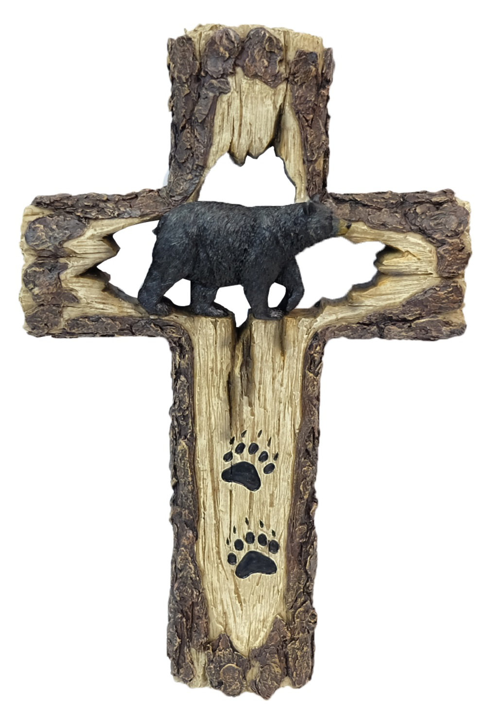 Millwood Pines Polyresin Faux Tree Bark Cross with Black Bear Rustic ...