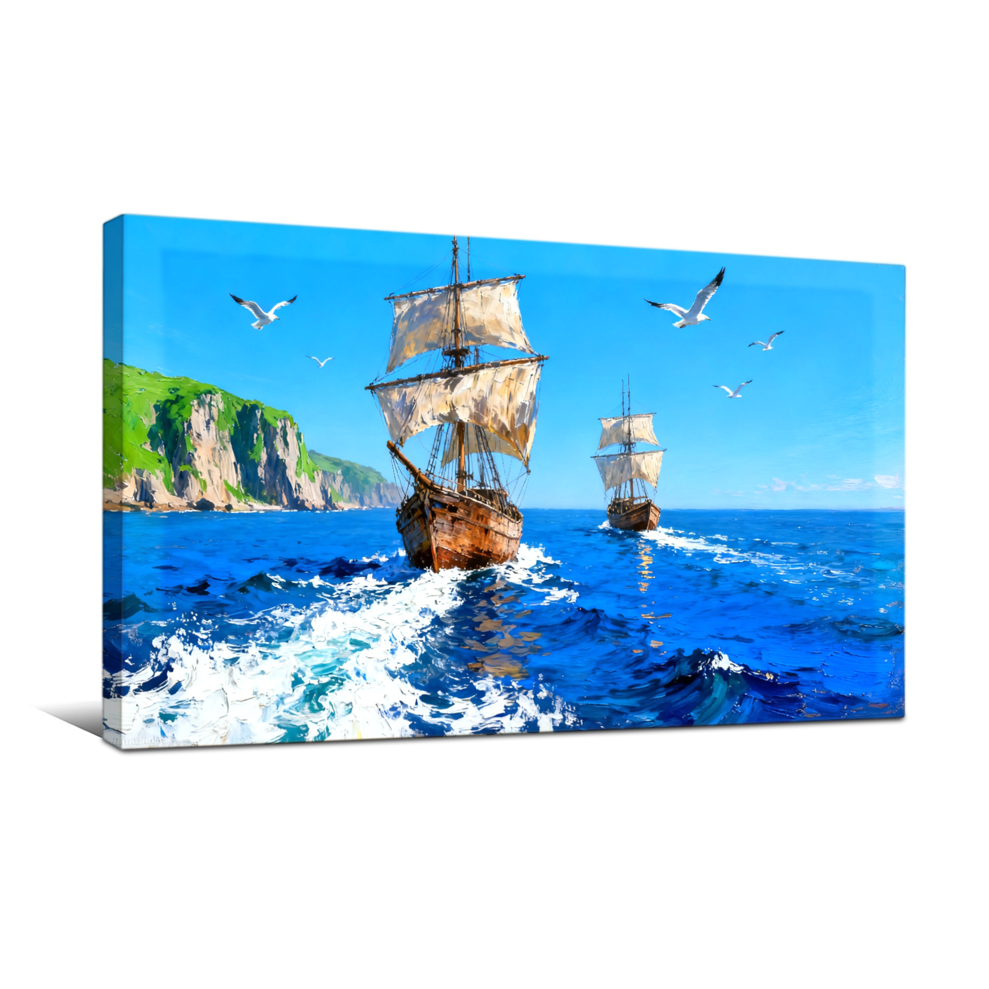 Breakwater Bay Nautical & Beach Sailing Ships Ocean Waves Seagulls ...