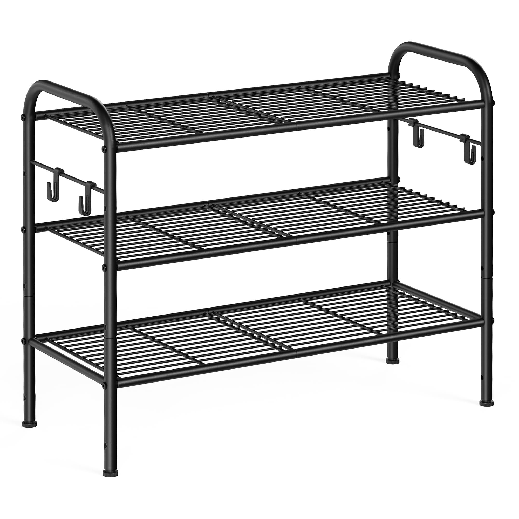 Rebrilliant 3-Tier Adjustable Shoe Rack With Hooks - Sturdy Metal ...