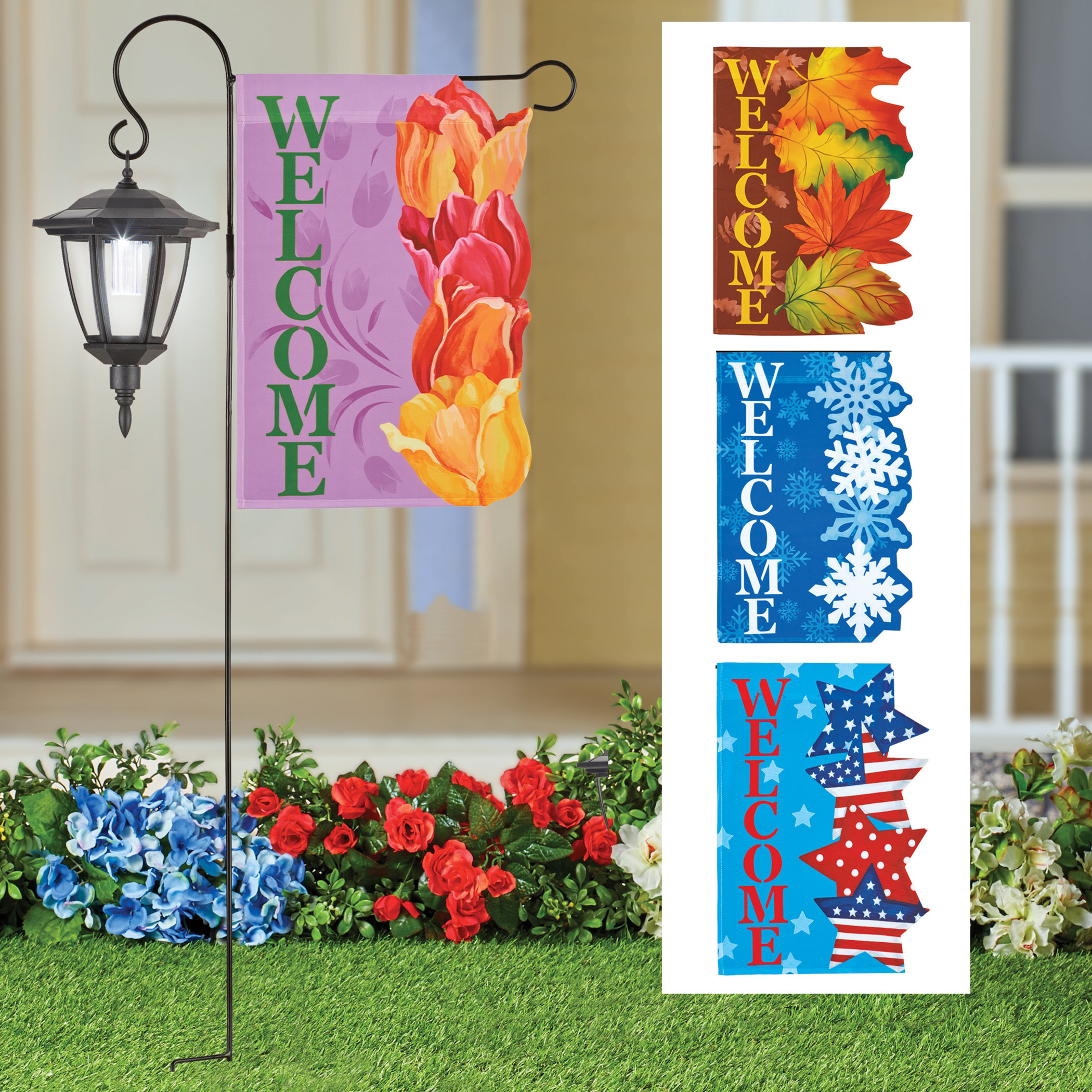 Arlmont & Co. Set of 4 Seasonal Garden Flag with Solar Lantern Stake ...