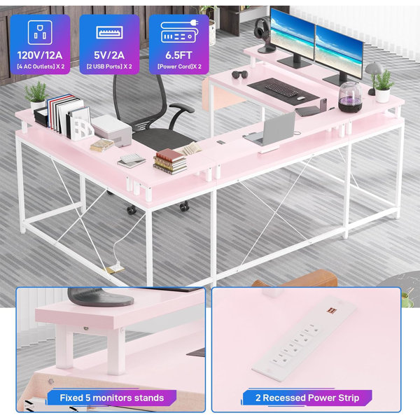 Inbox Zero 78.8" U Shaped Computer Desk With Power Outlets, USB Ports ...