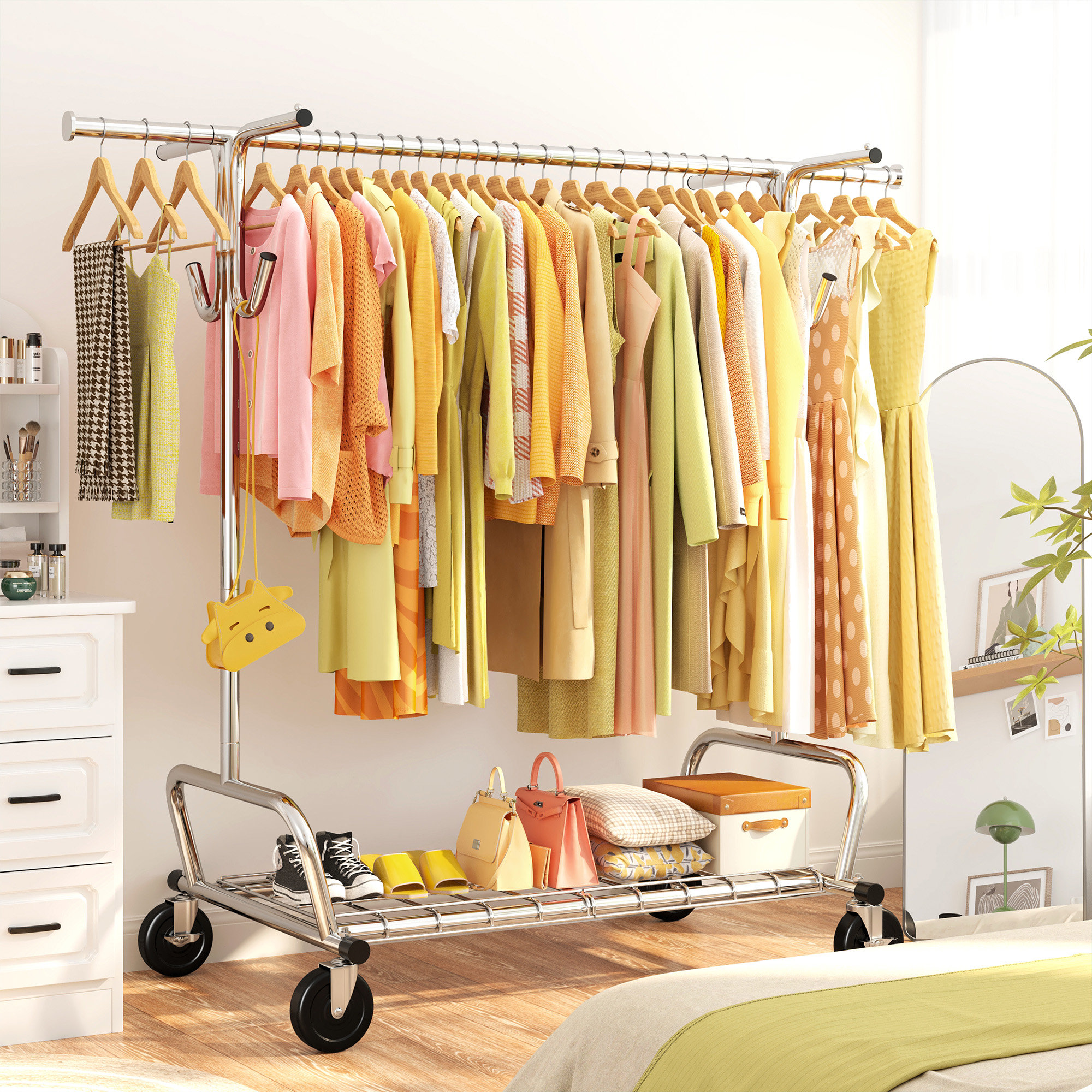 Rebrilliant Clothes Rack, Rolling Clothes Rack With 4 Hooks Adjustable ...