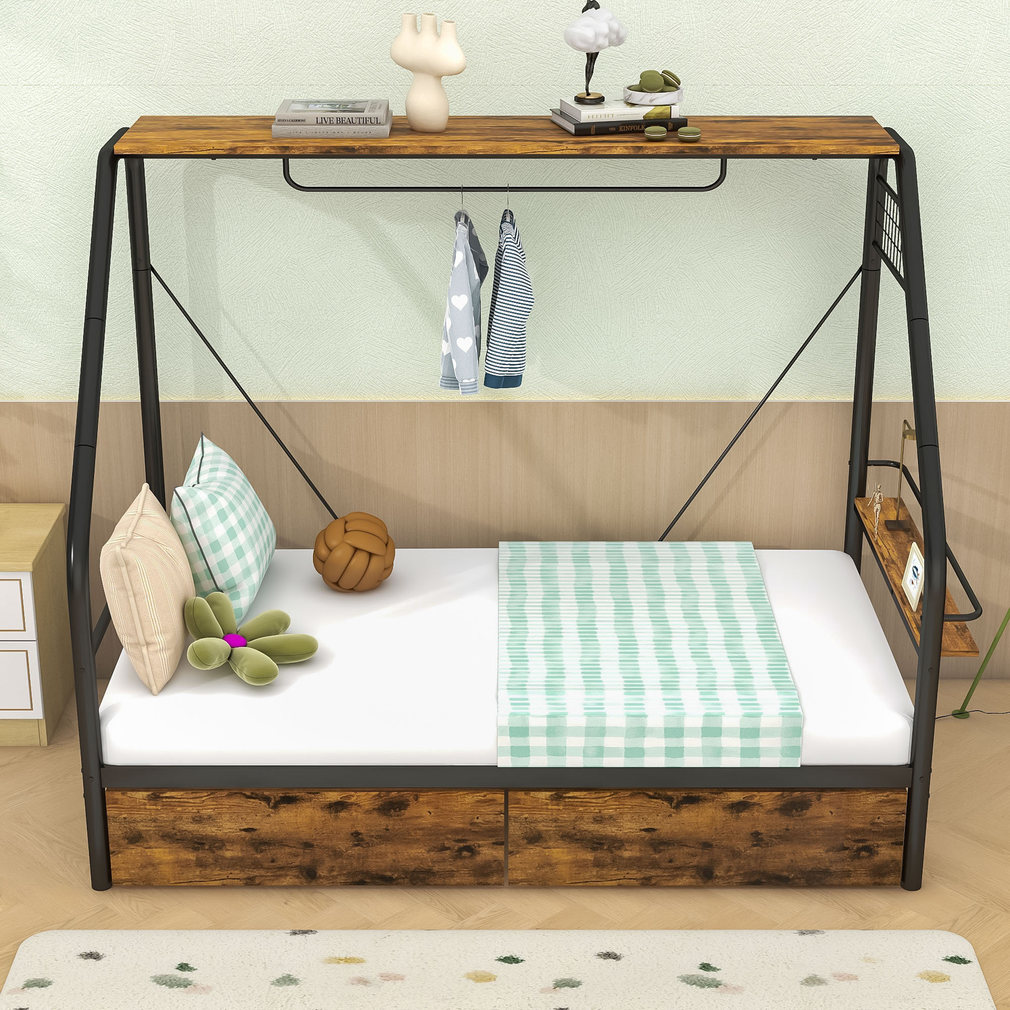 17 Stories Metal Platform Bed with Built-in Clothes Hanger, Storage ...