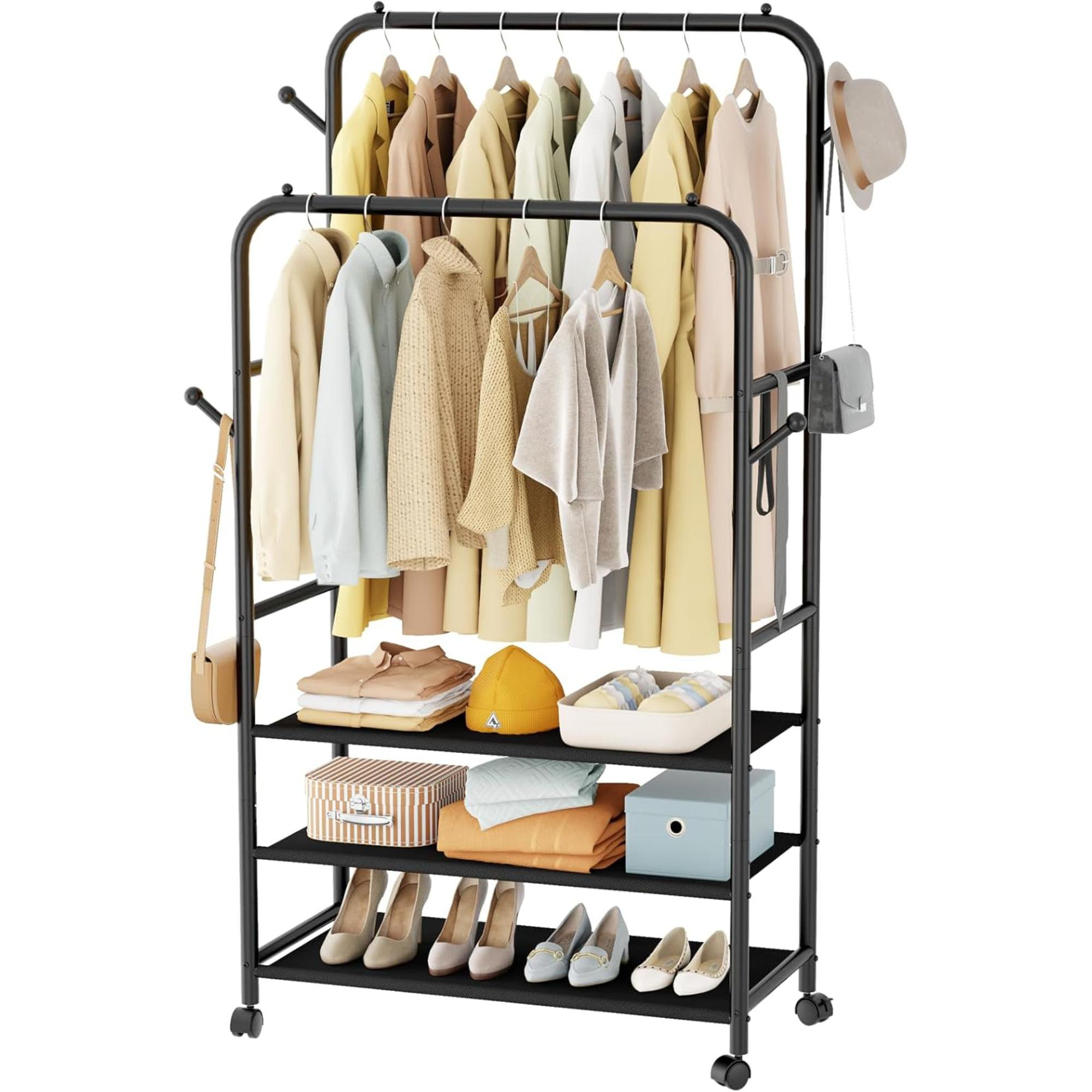 Latitude Run® Double Rods Clothing Rack With Wheels And 3-Tier Storage ...