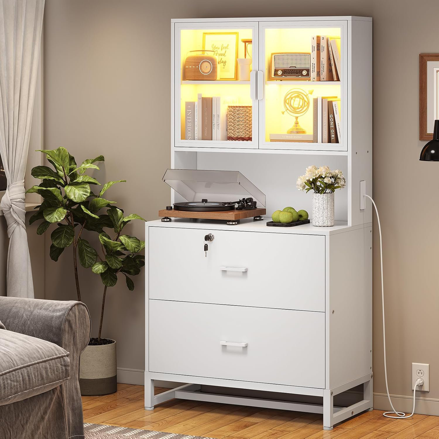 Inbox Zero 2 Drawer File Cabinet With Lock & Charging Station, Filing ...