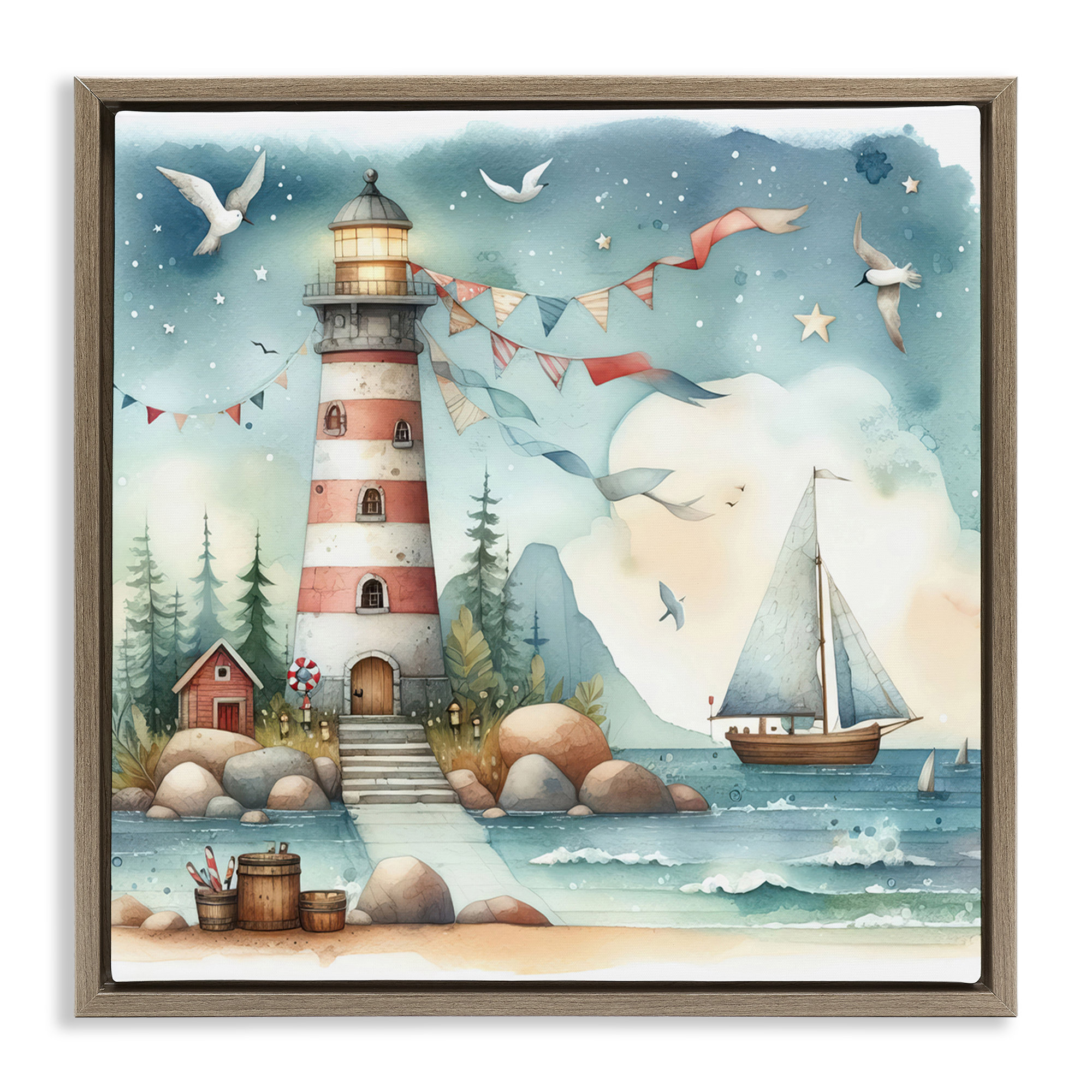 Breakwater Bay Whimsical Lighthouse & Birds Floater Canvas Wall Art by ...