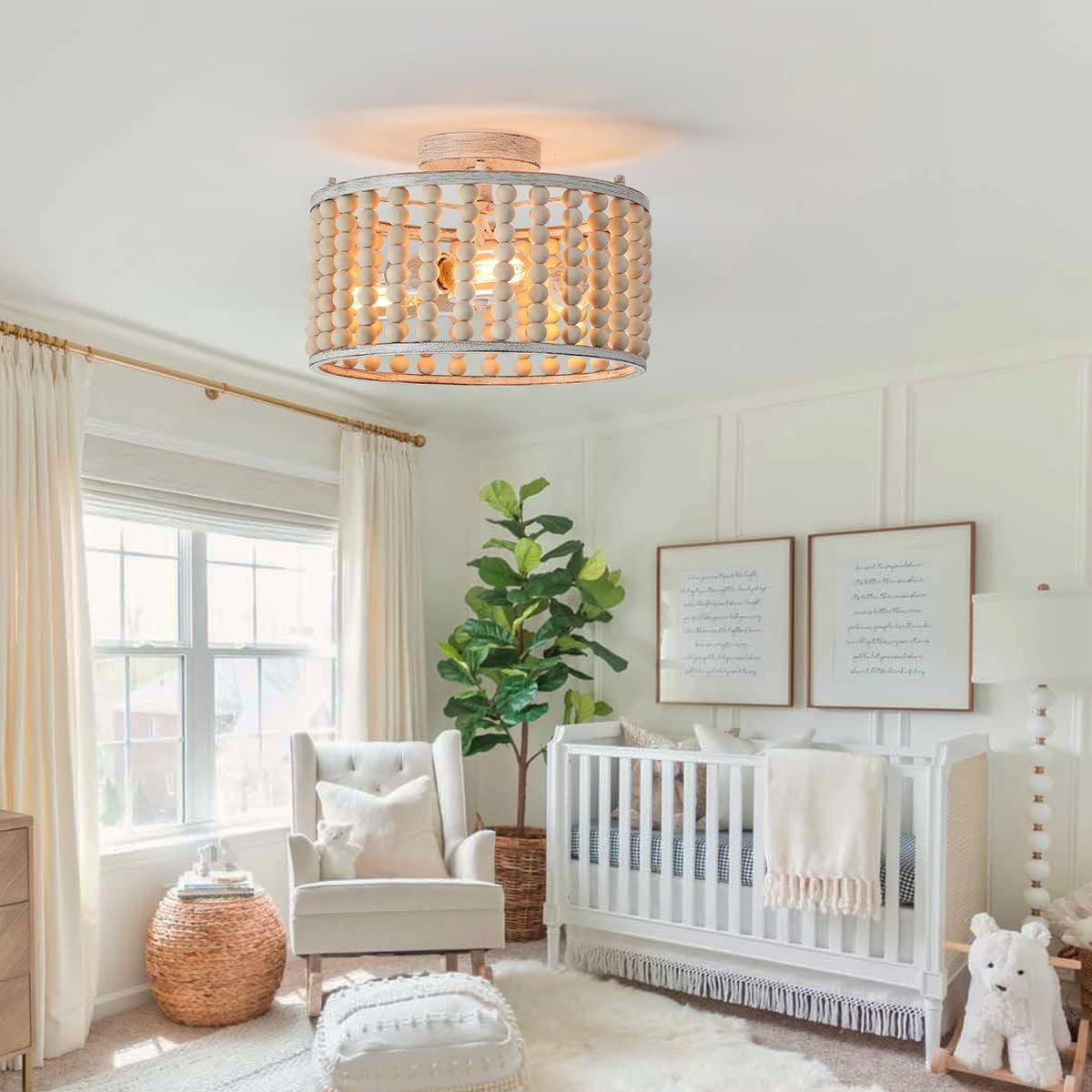 Amzico Wood Bead Chandelier, Semi Flush Mount Boho Nursery Ceiling ...