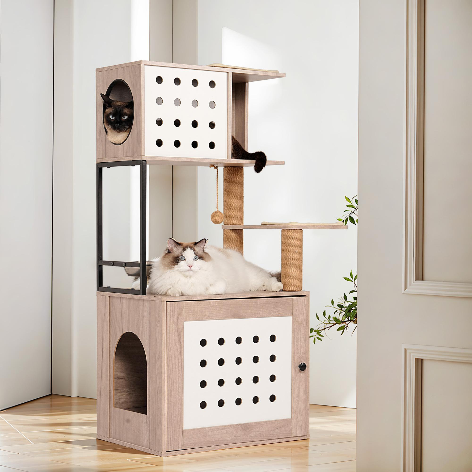 Latitude Run® Cat Tree with Litter Box Enclosure, All-in-one Cat Tower ...