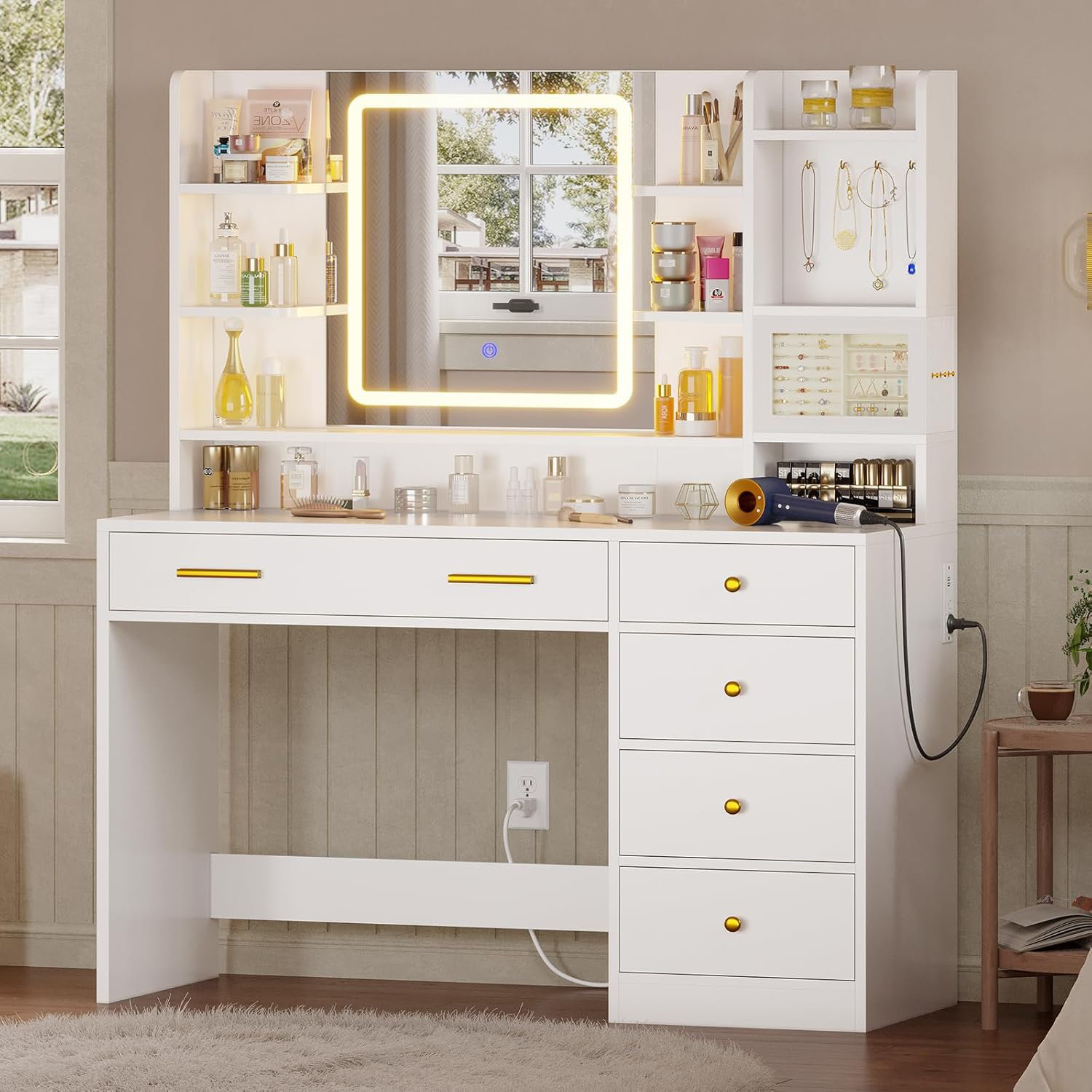 Ivy Bronx 3-layer Jewelry Box Makeup Vanity With Touch Screen Mirror ...