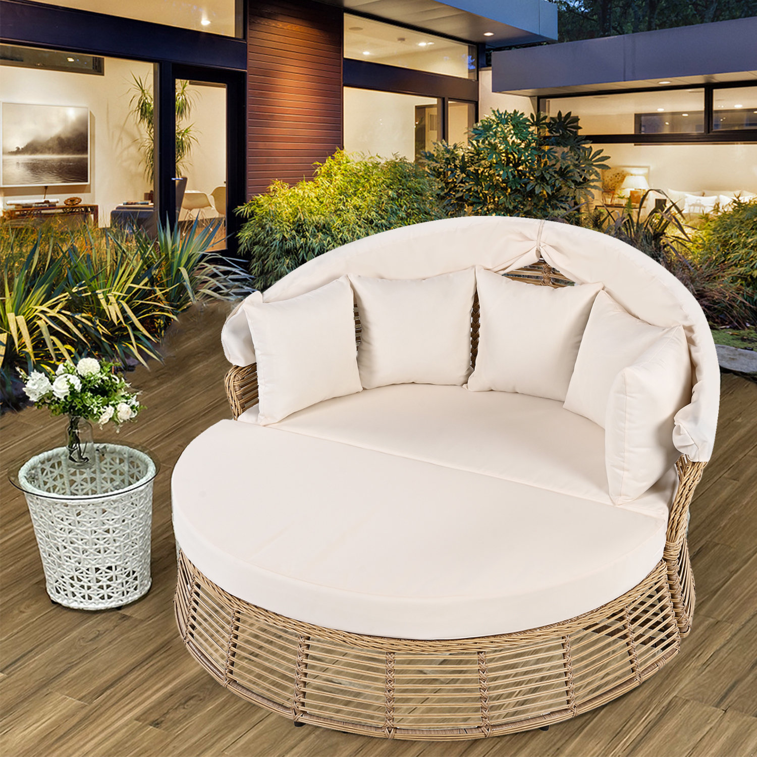 Lark Manor™ Outdoor Patio Rattan Round Daybed With Retractable Canopy ...