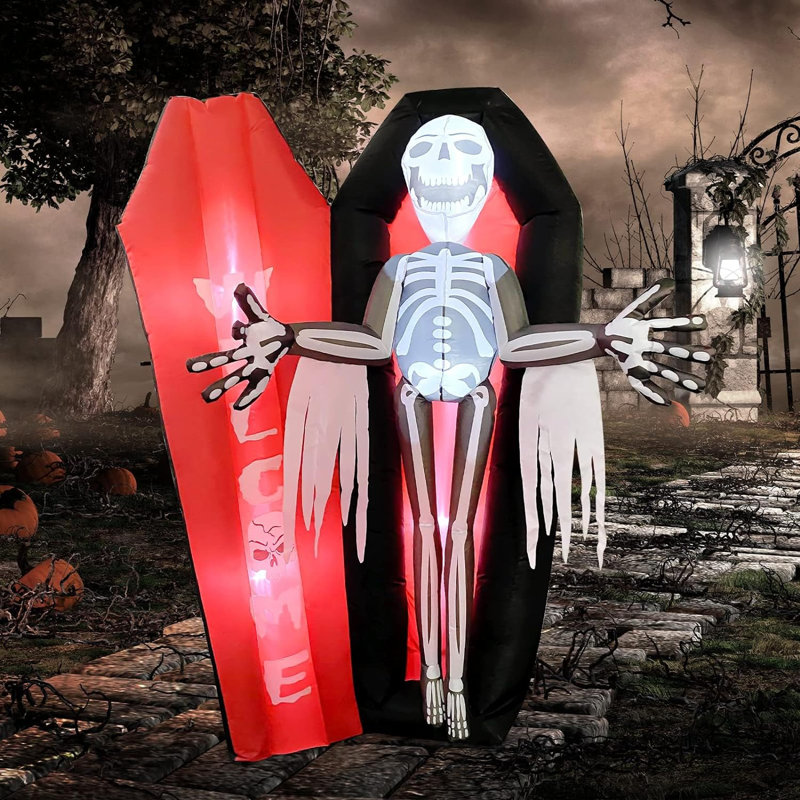 The Holiday Aisle® Coffin Skeleton Skull Halloween Inflatable | Wayfair