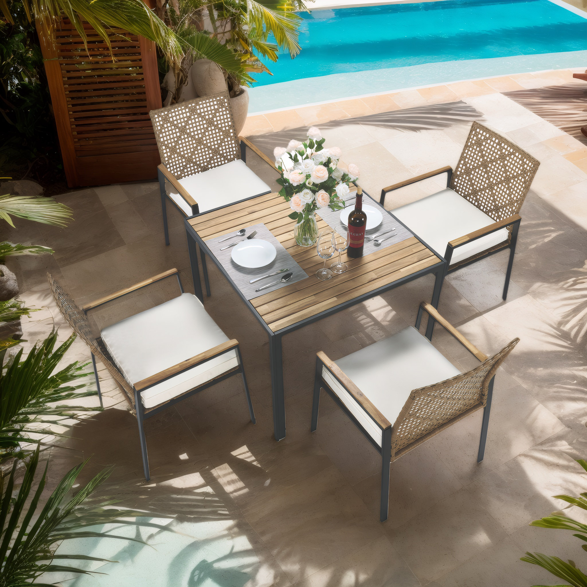 Latitude Run® Acacia Wood Patio Dining Set - 5-Piece All-Weather ...
