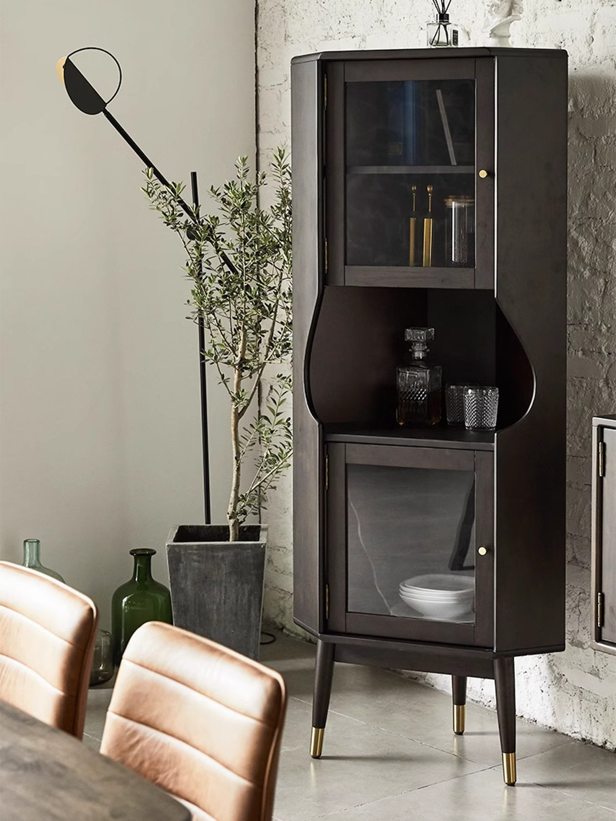 Corrigan Studio® 66.93" Black Corner Solid Wood + Glass Display & China ...