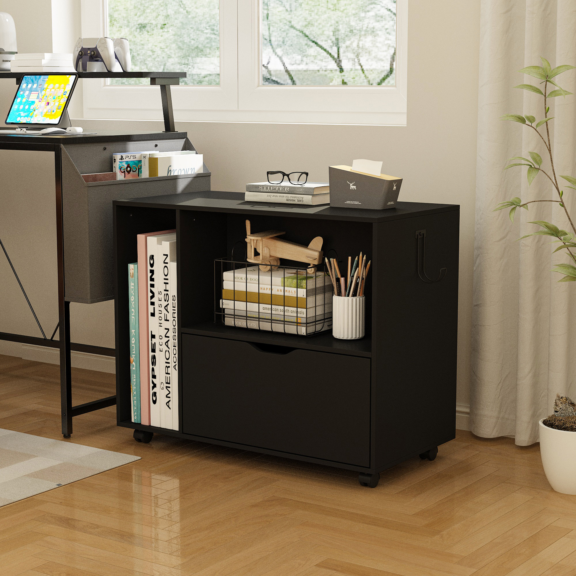 Ebern Designs 31.5" Wide Black Double File Cabinet - With Side Drawers ...