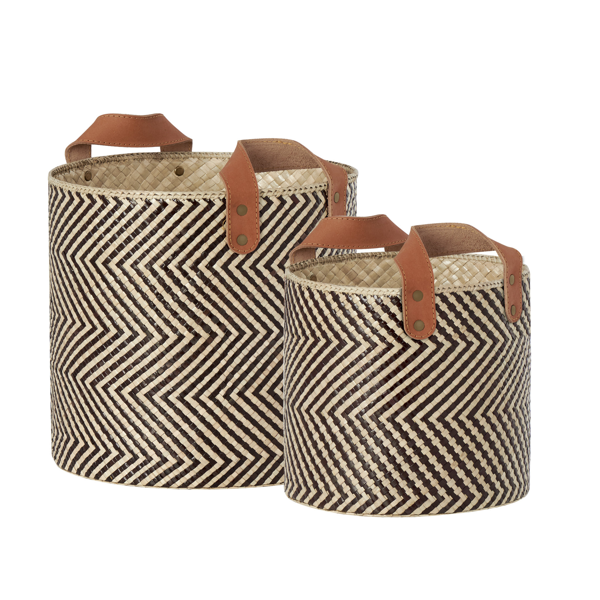 Union Rustic Laityn Pandan Chevron Storage Baskets with Leather Handle ...