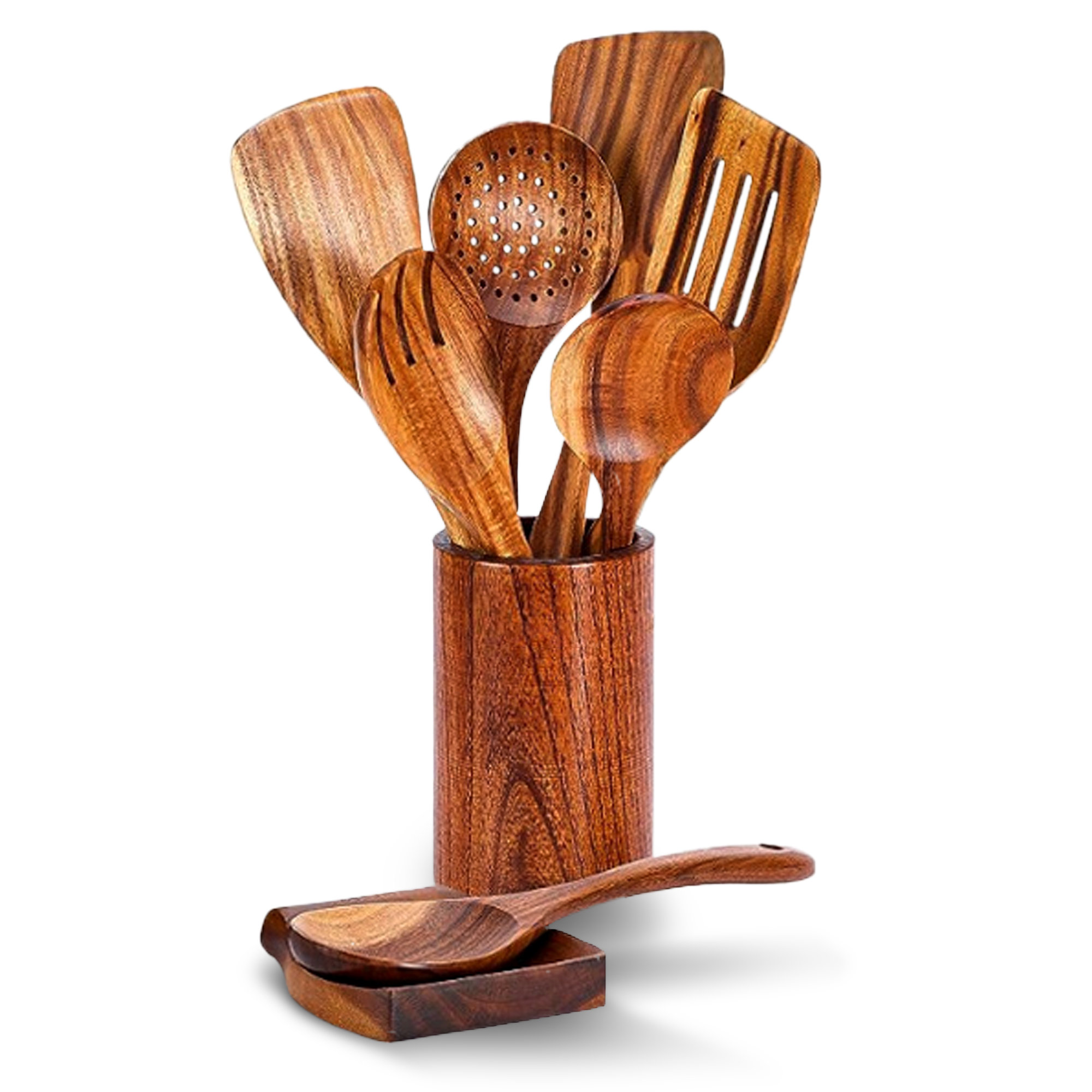 Cheer Collection 9 Piece Wooden Kitchen Utensils Set with Holder and ...