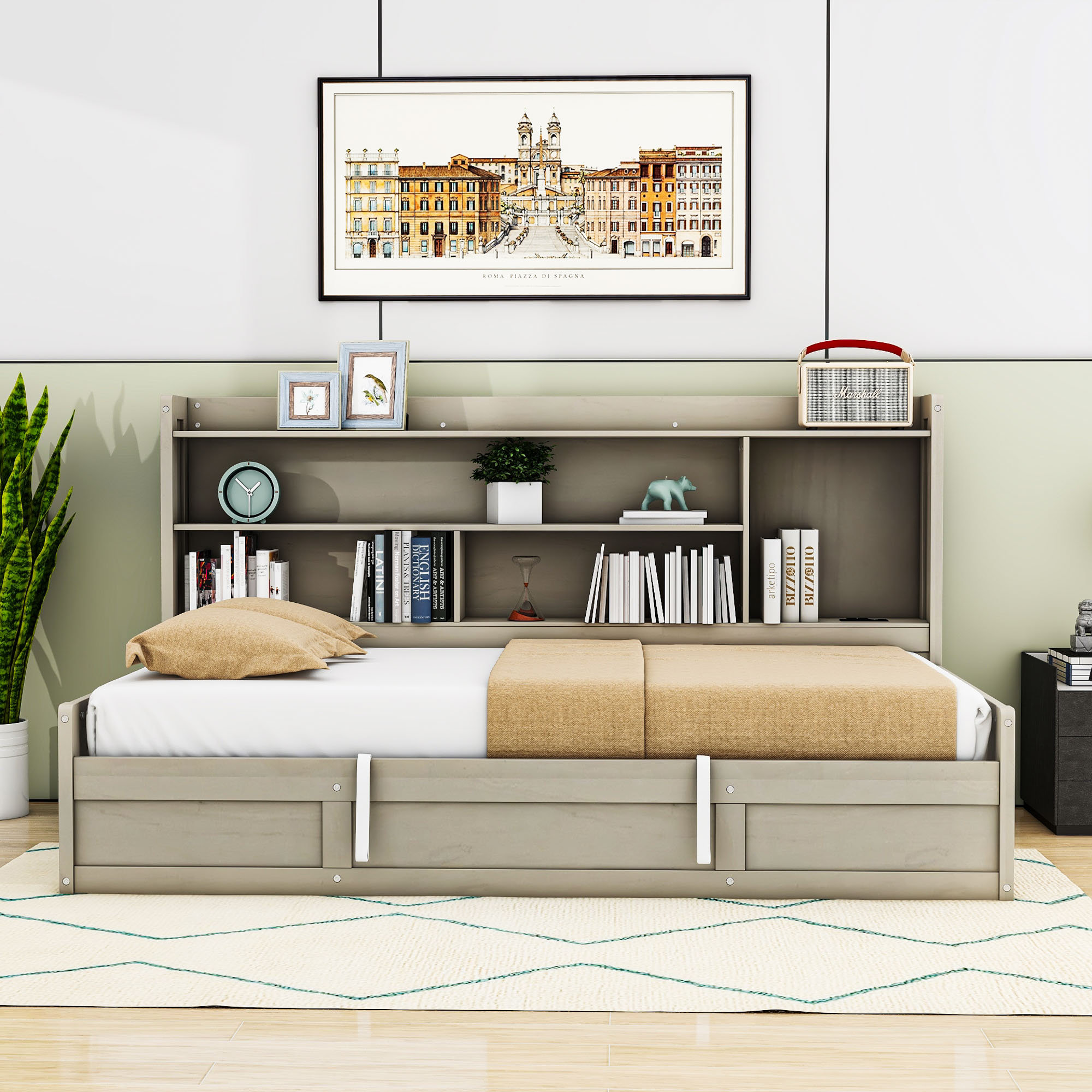 Lark Manor Twin Wood and MDF Daybed with Double-Layer Storage Shelves ...