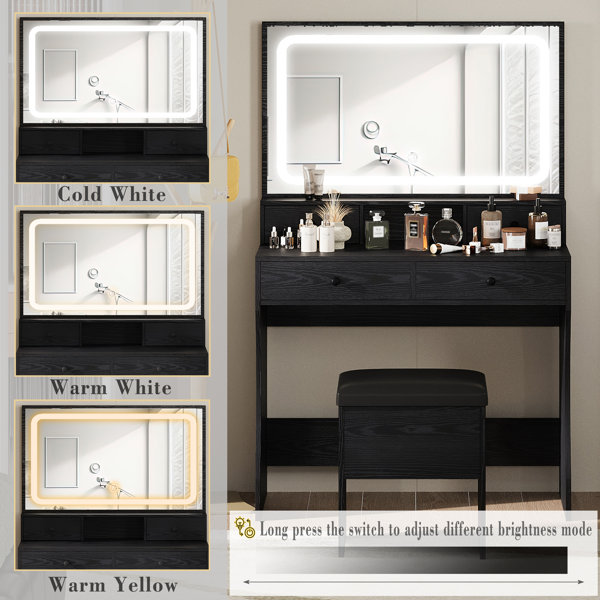 Wrought Studio™ Baelyn Makeup Vanity with LED Lighted Mirror, Modern 4 ...