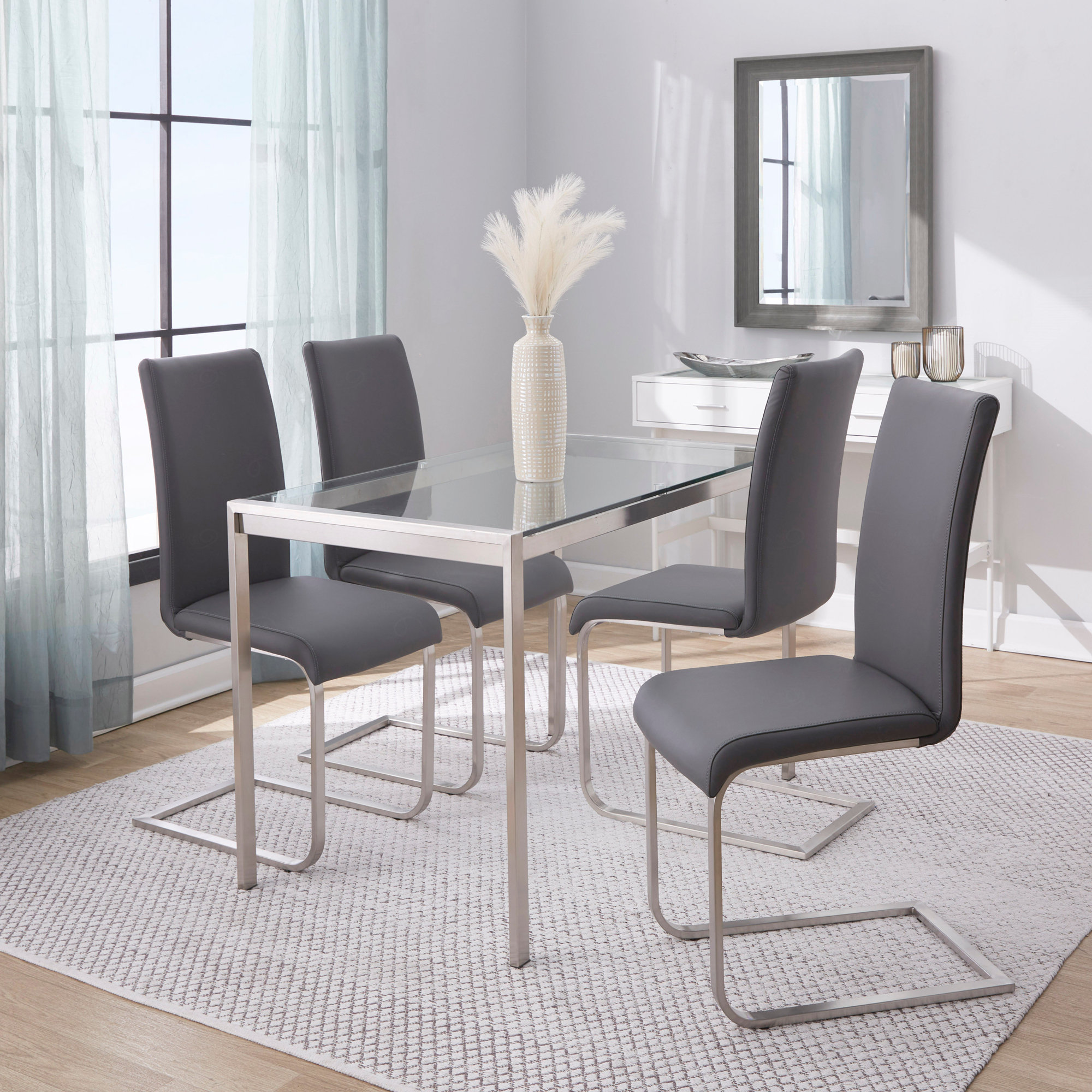 Orren Ellis Contemporary Dining Set in Stainless Steel, Clear Glass and ...