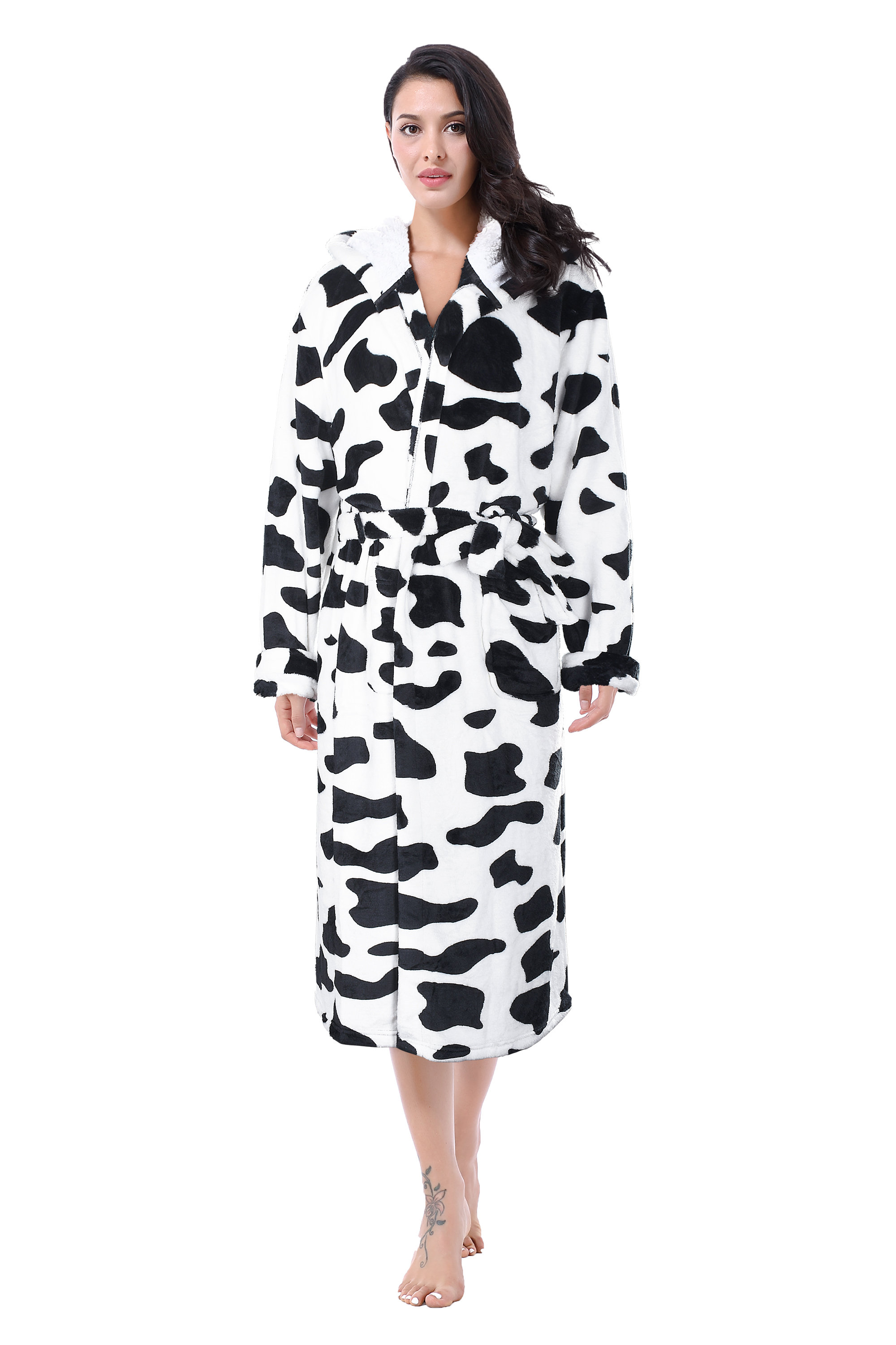 Catalonia Cow Print Women's Plush Fleece Long Robe with Hood, Warm ...