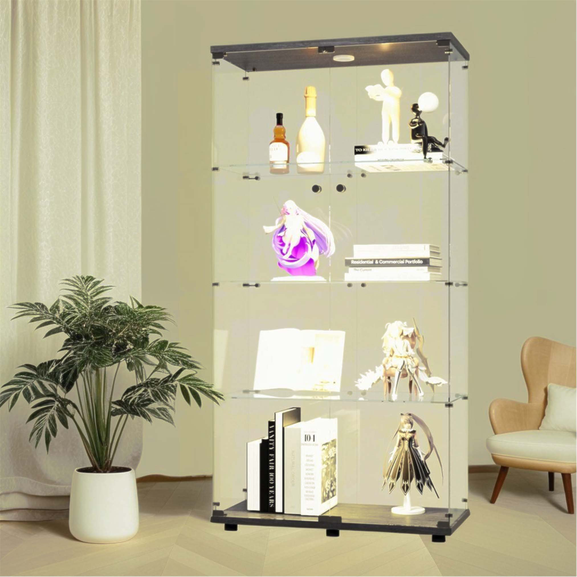 Latitude Run® Lighted Two Door Glass Display Cabinet with 4 Shelves ...