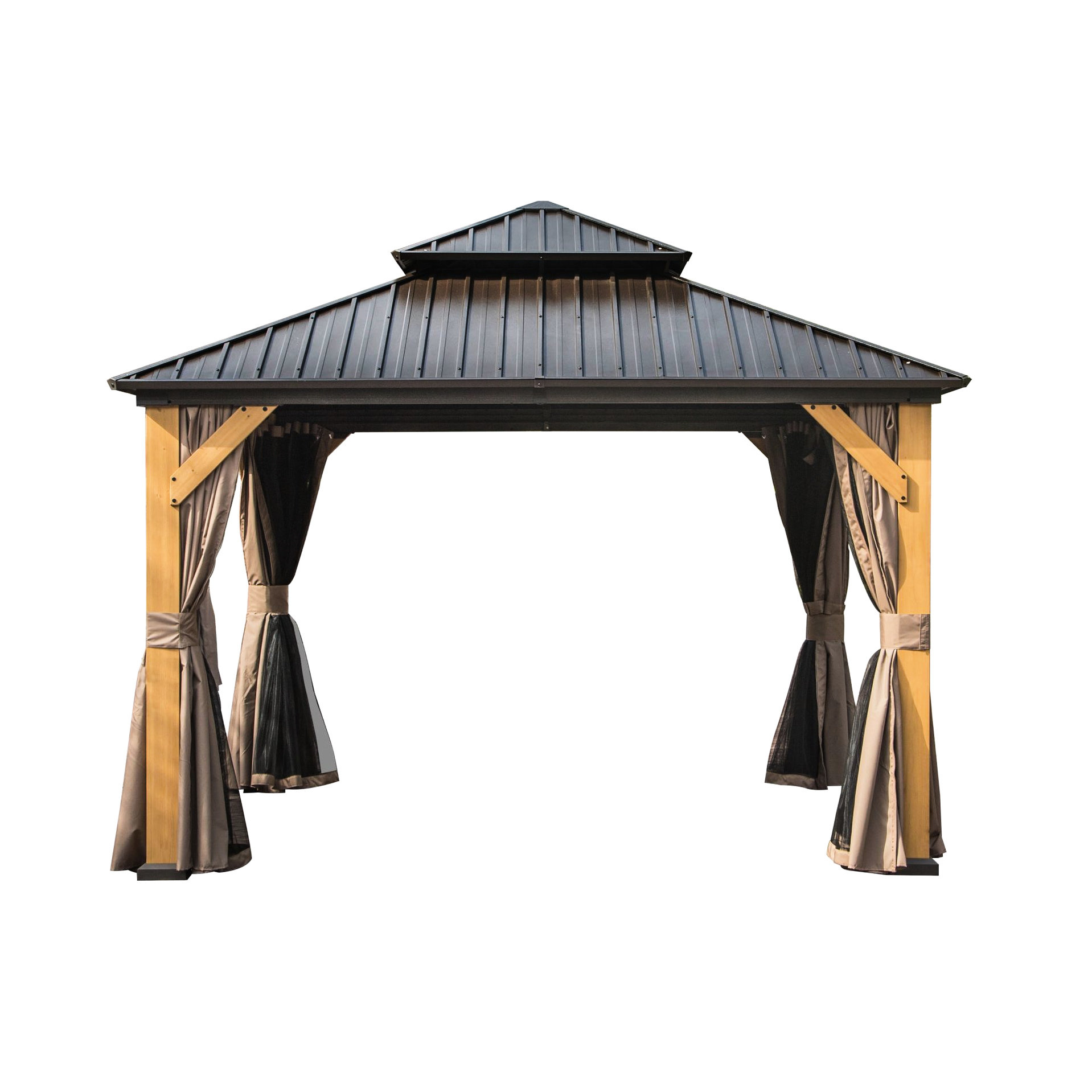 One Allium Way® Brown Gazebo With Wood And Galvanized Steel Double Roof ...