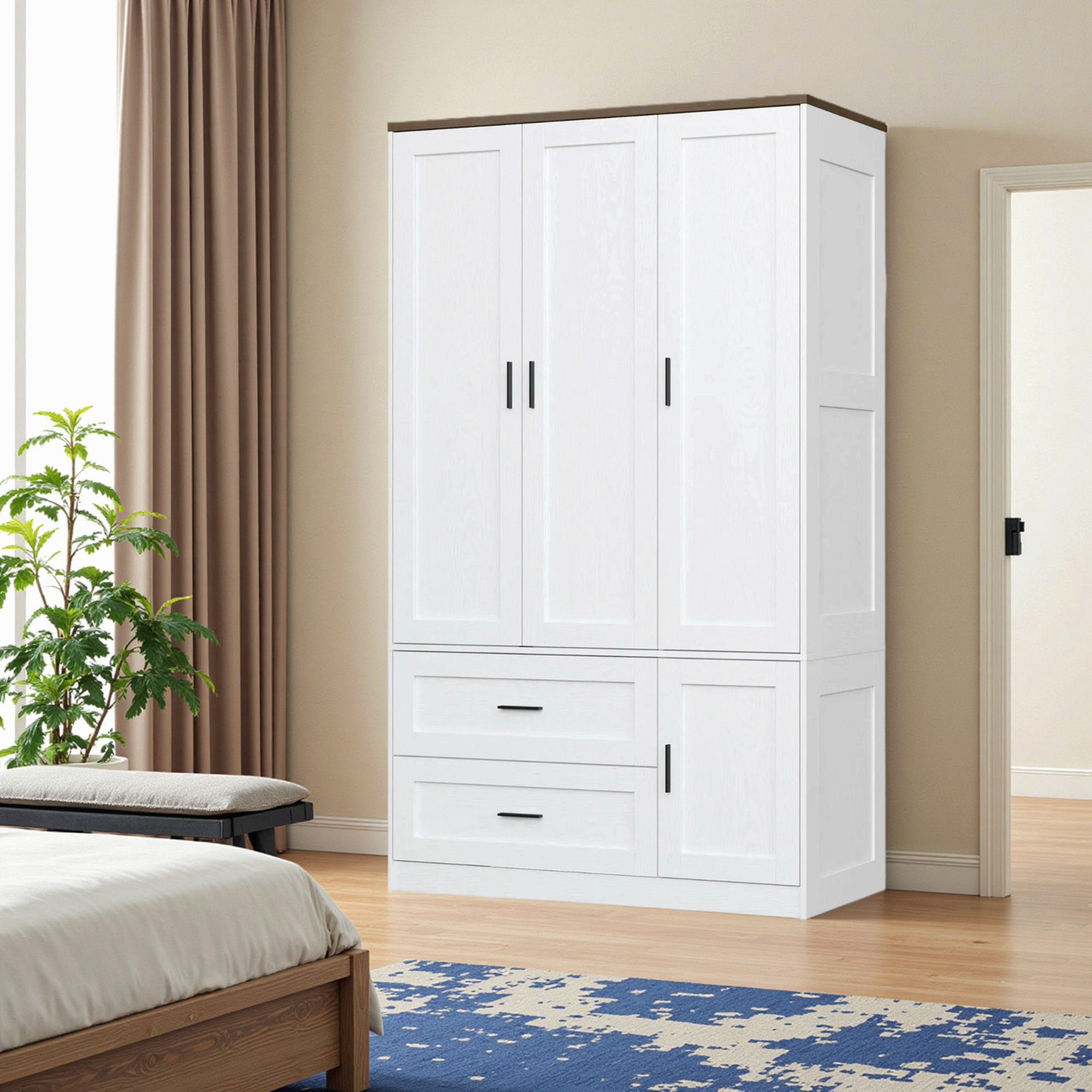 George Oliver 3-door Freestanding Wardrobe Closet With Drawers ...