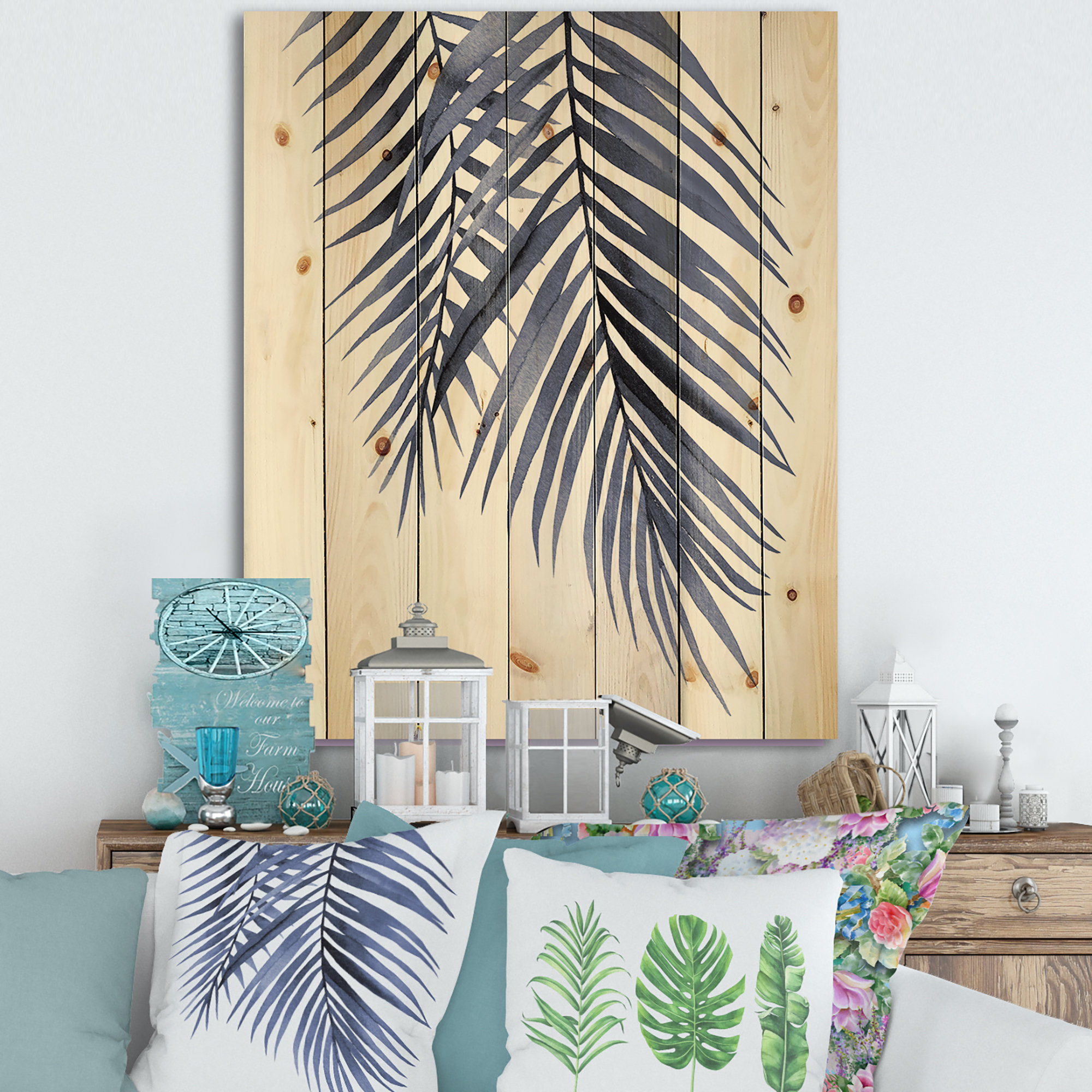 East Urban Home Blue Palm Leaves Abstract Tropical Branches ...