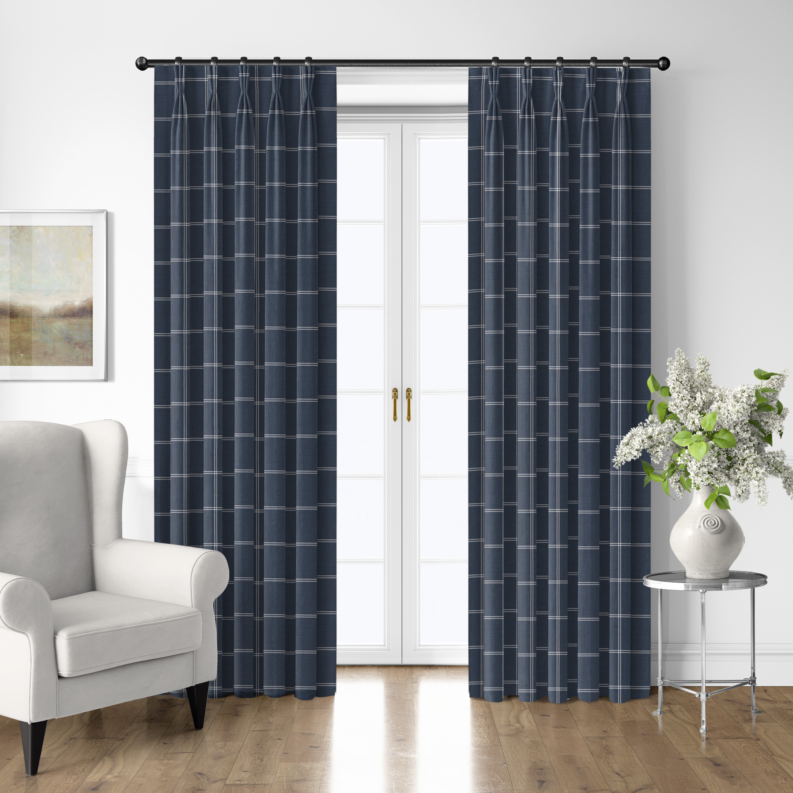 6ix Tailors Fine Linens Shay Window Pane Dark Denim Cotton Pinch Pleat ...