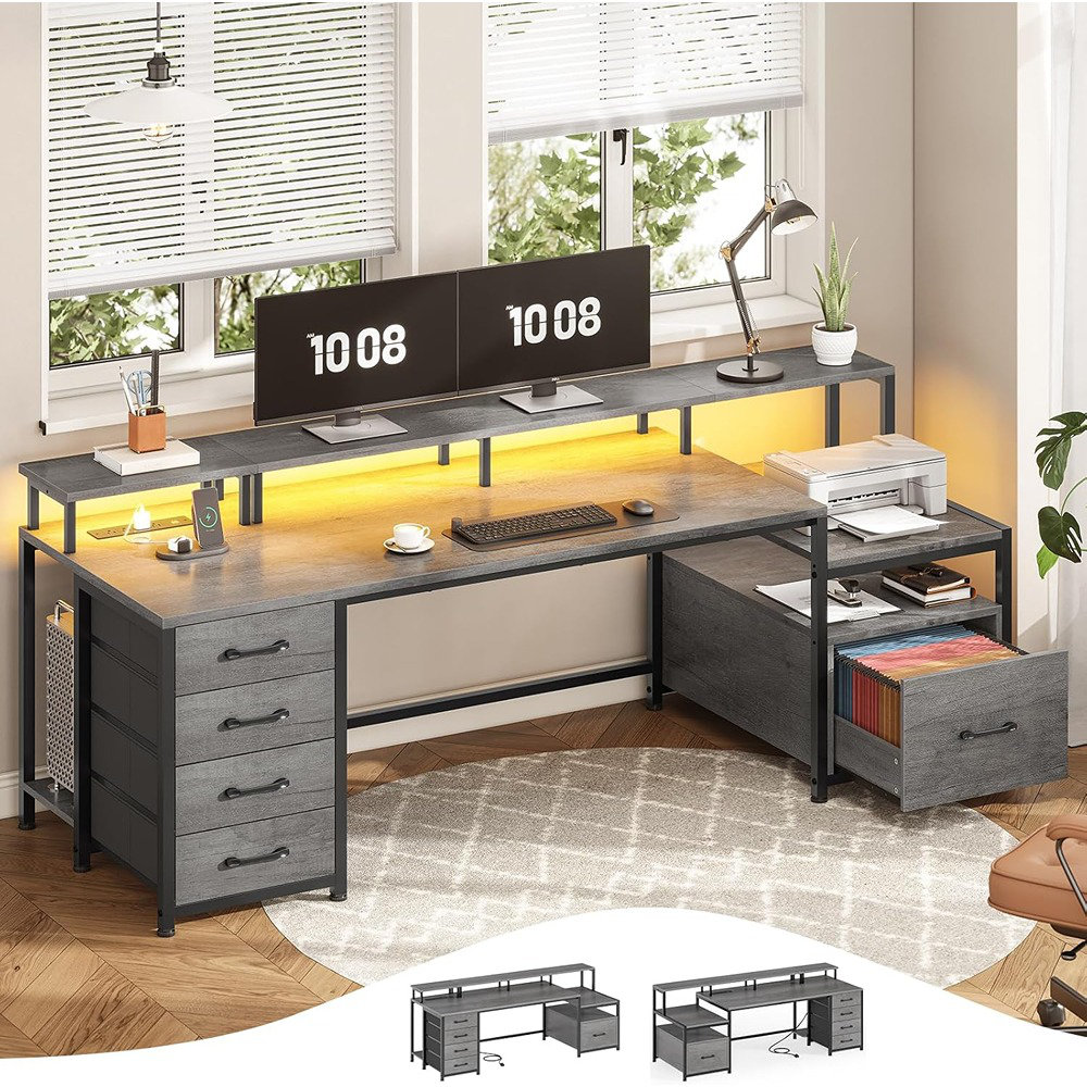 Ivy Bronx 75'' Computer Desk With 5 Drawer, Power Outlet & Led Ligh... | Wayfair