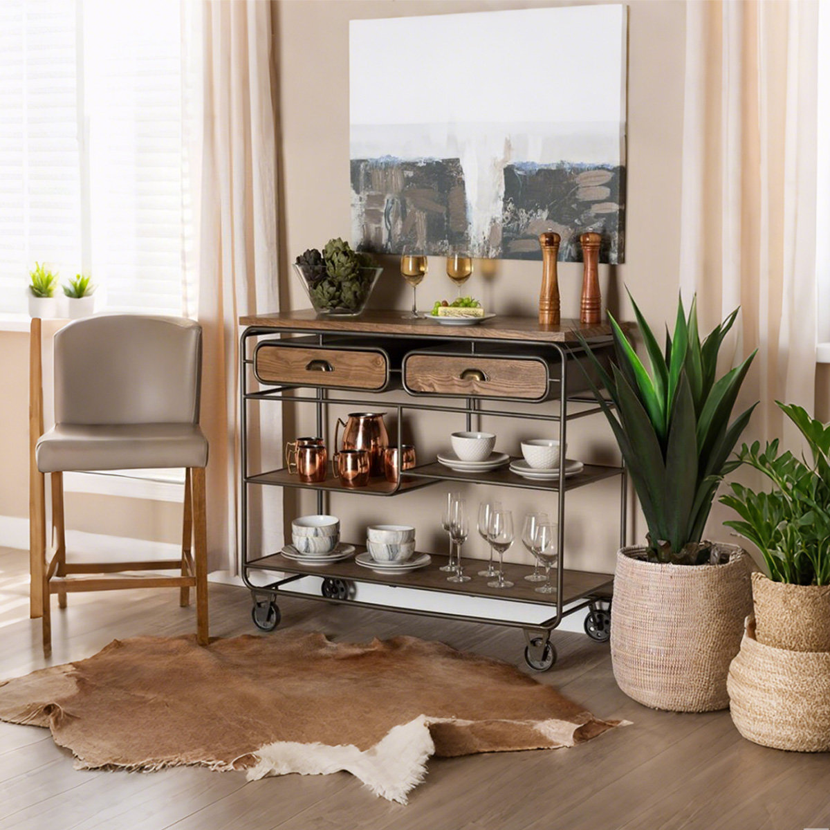 Organix Pattern 62.99" Brown Solid Wood Mobile Bar Cart | Wayfair