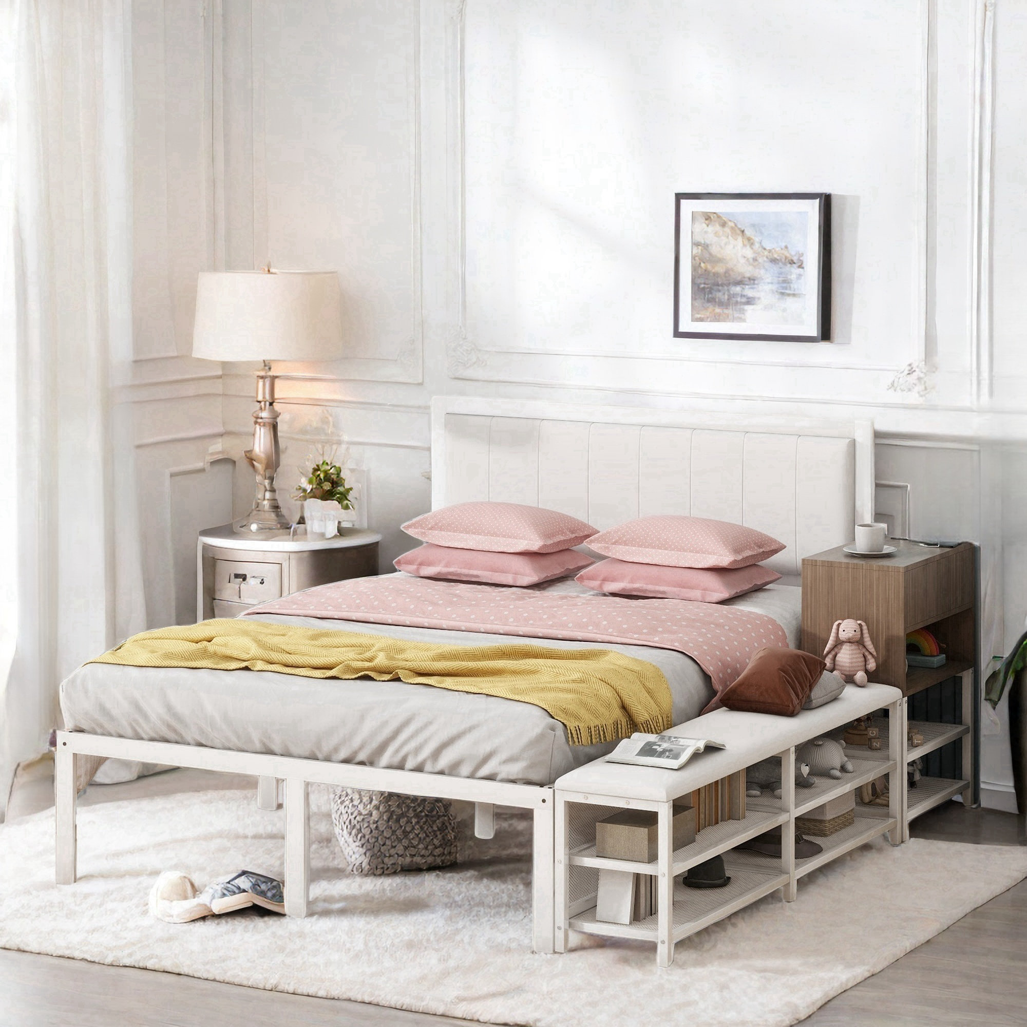 Ebern Designs Metal Platform Bed With Cushioned Footrest With Two-Tier ...