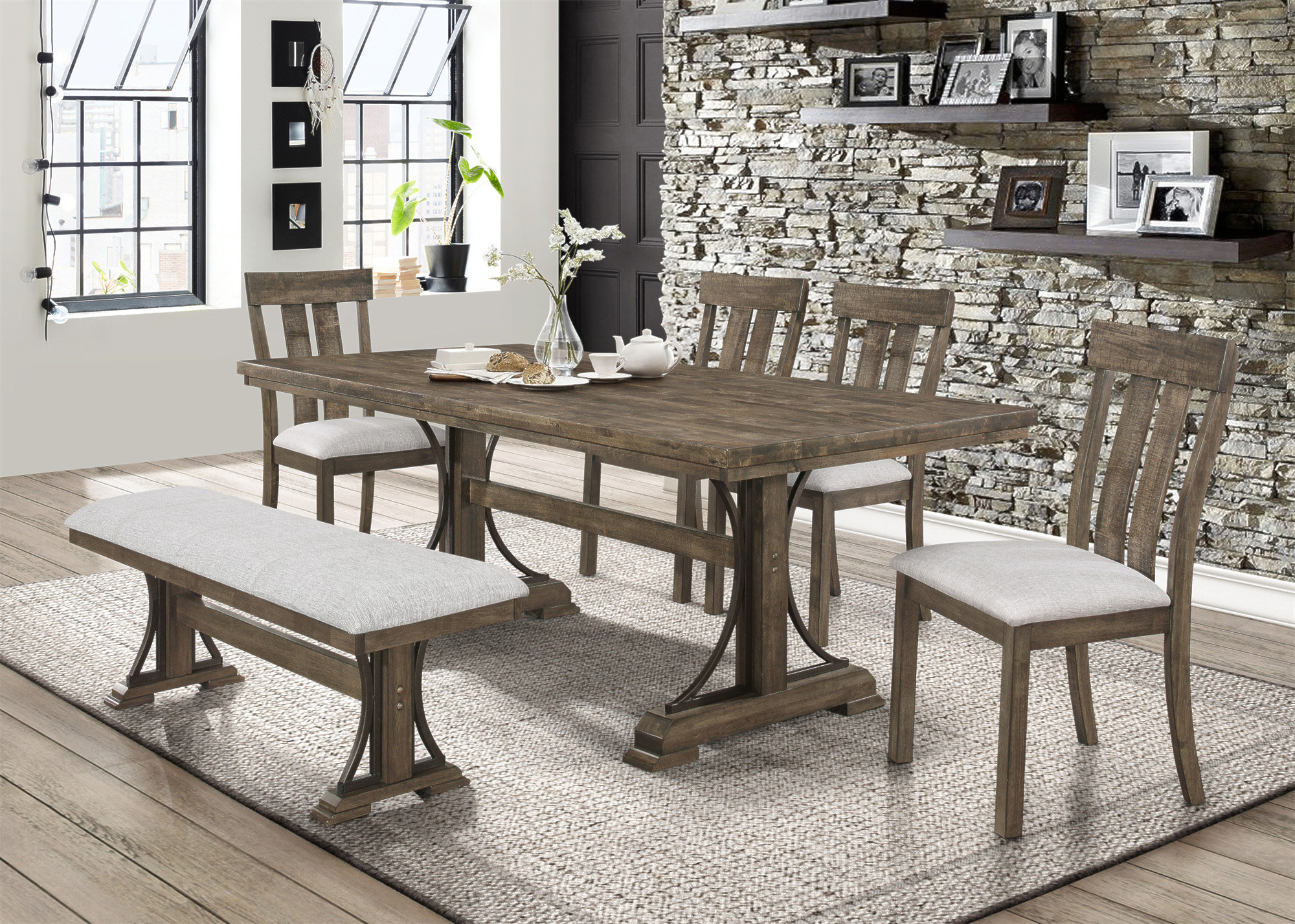 Rosalind Wheeler 6Pc Dining Set Rustic Light Brown Finish Trestle Base ...