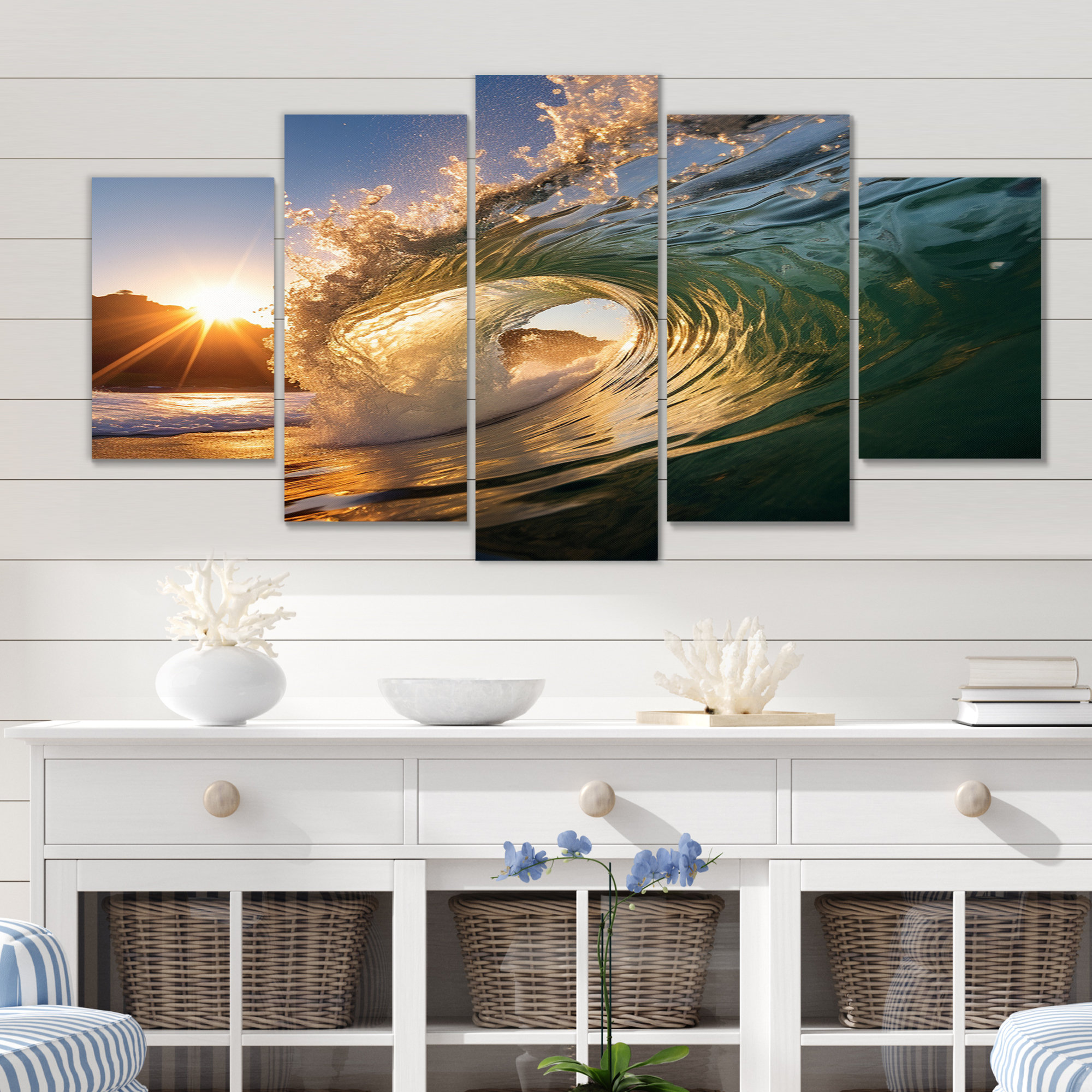 Design Art Sunshine Through The Breaking Waves I - Coastal Waves Wall ...